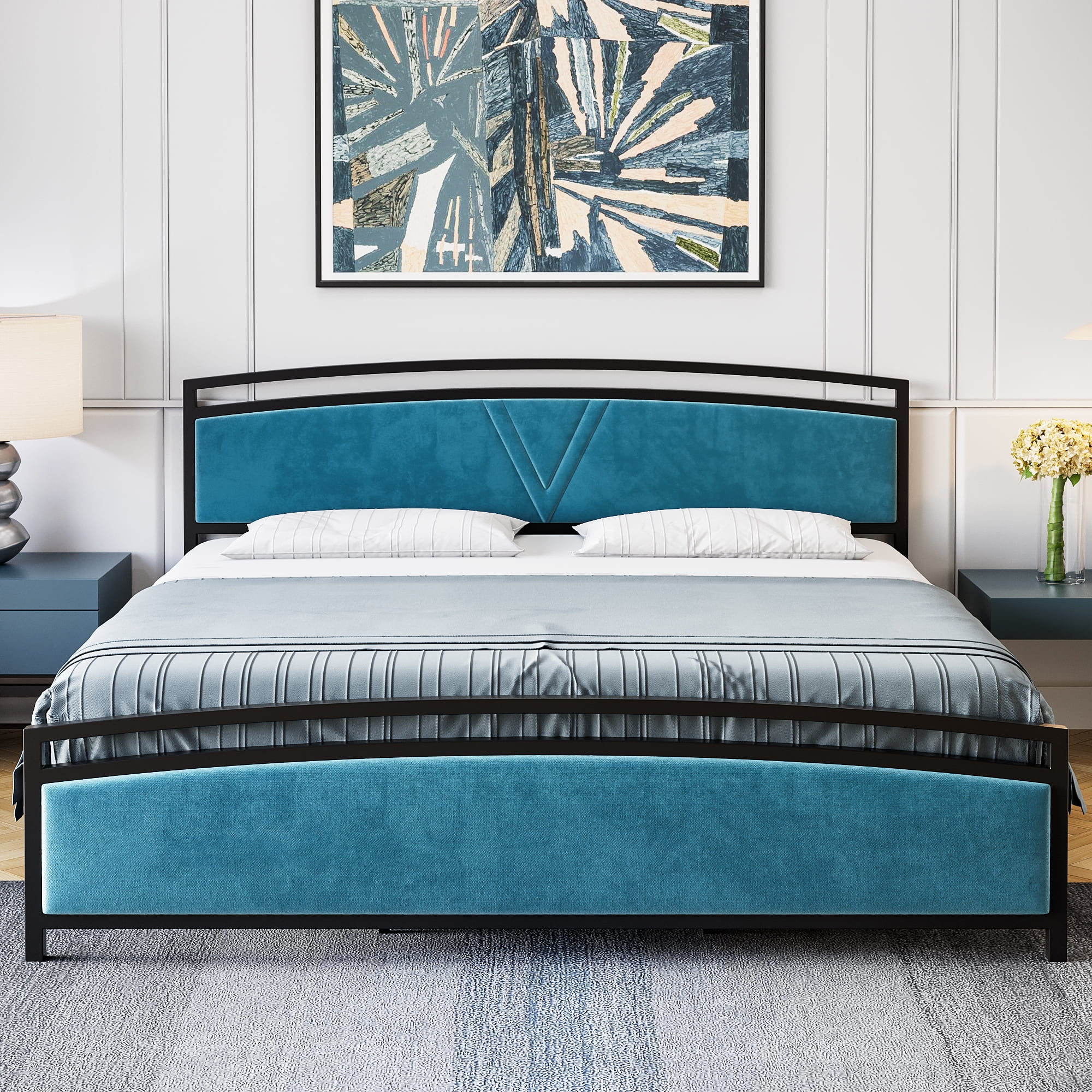 Full Bed Frame, Upholstered Metal Platform Bed with Headboard, Linen ...
