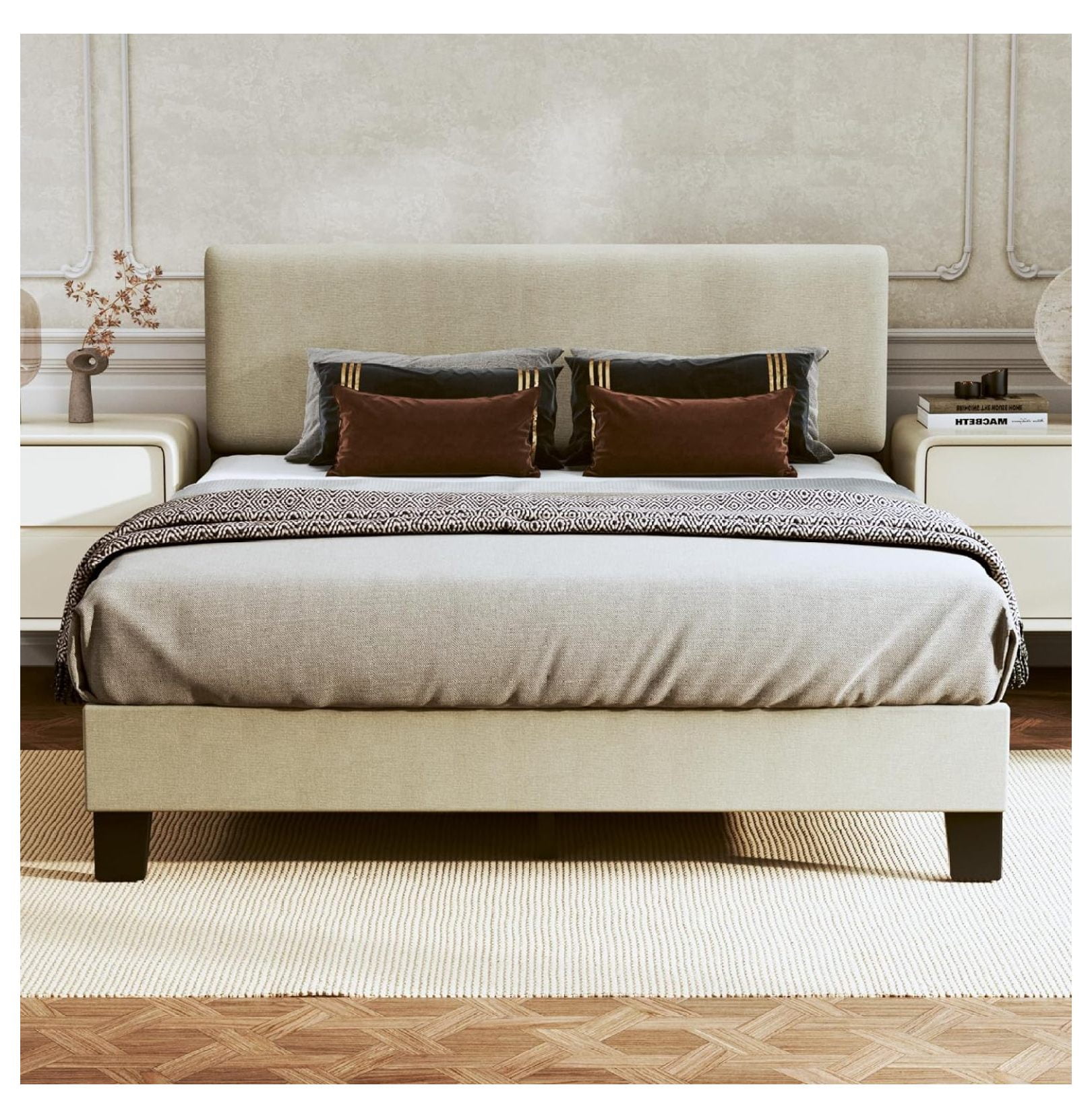 Full Bed Frame Upholstered Bed Frame Platform with Adjustable Headboard ...