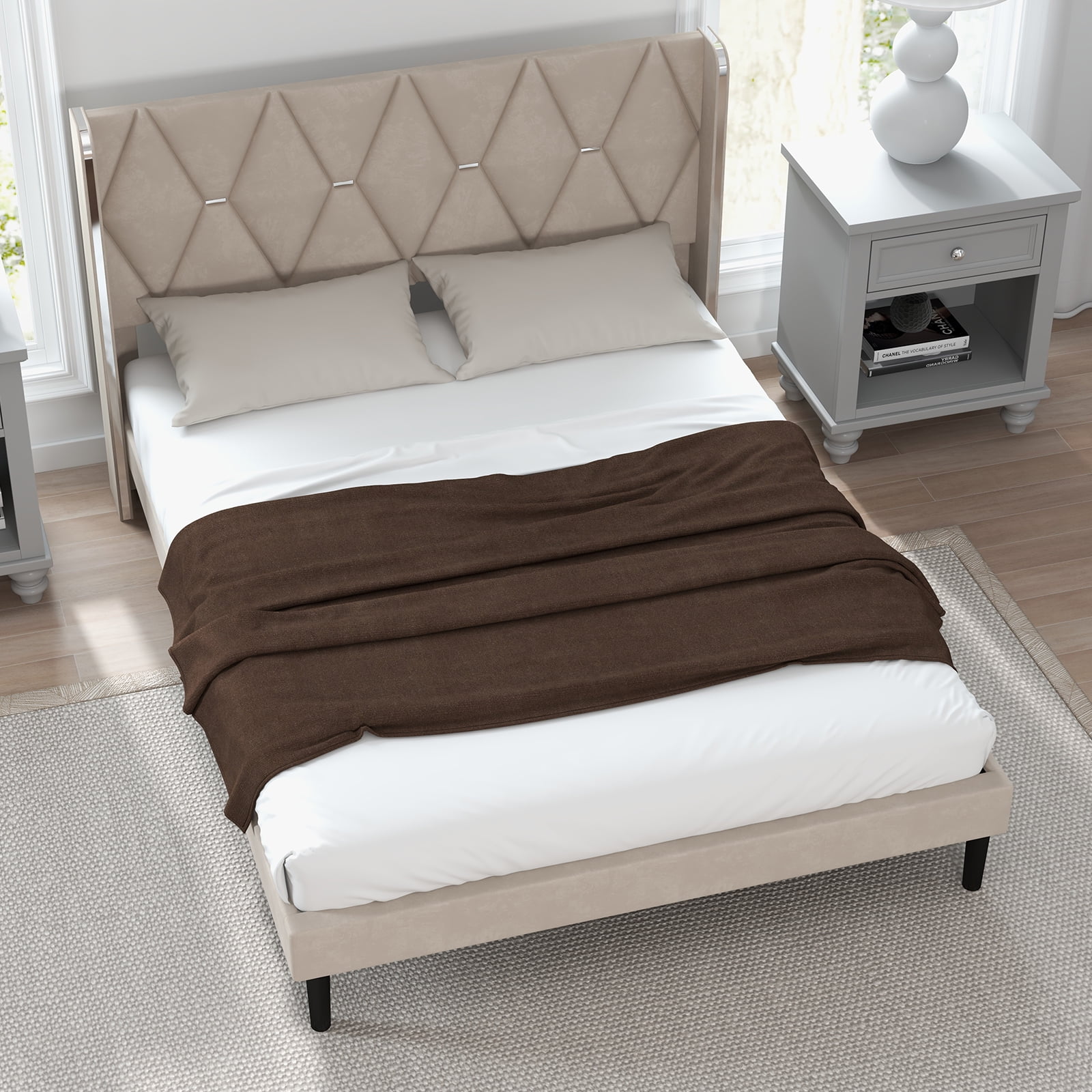 Full Bed Frame Upholstered Platform Bed Frame with Headboard and No Box ...