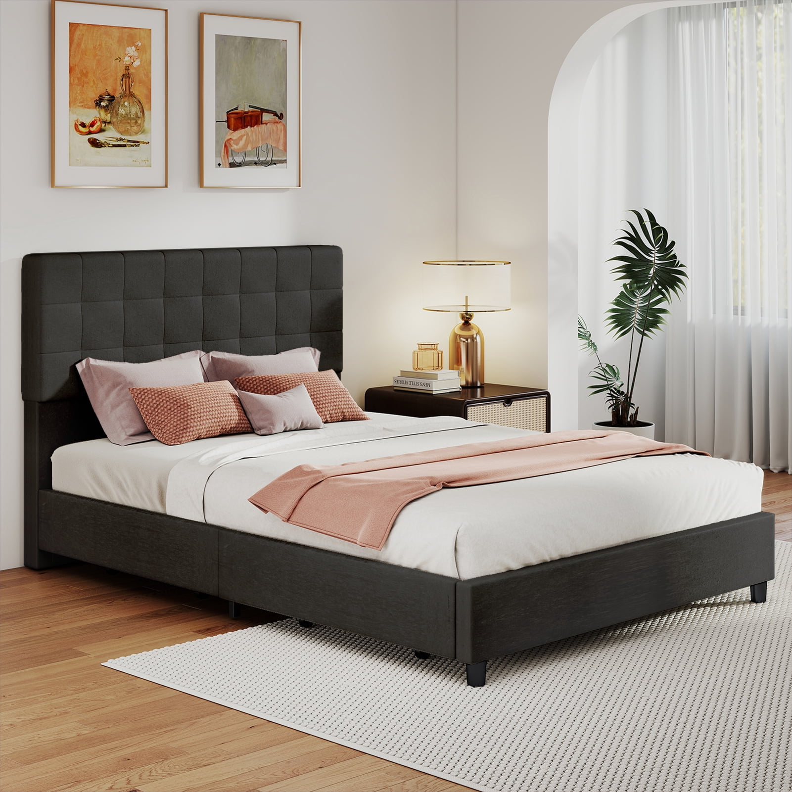 Full Bed Frame, Upholstered Square Velvet Headboard with 4 Spacious ...