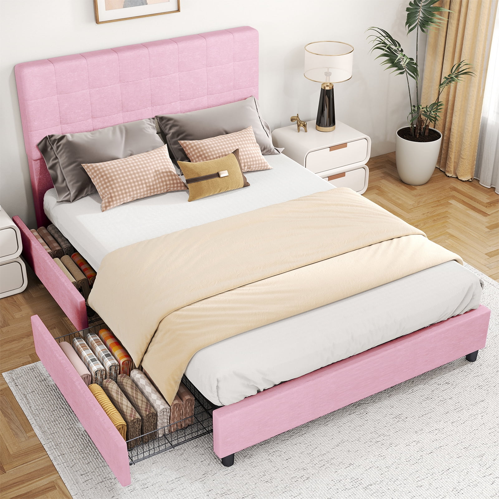 Full Bed Frame, Upholstered Vertical Channel Headboard with 4 Spacious ...