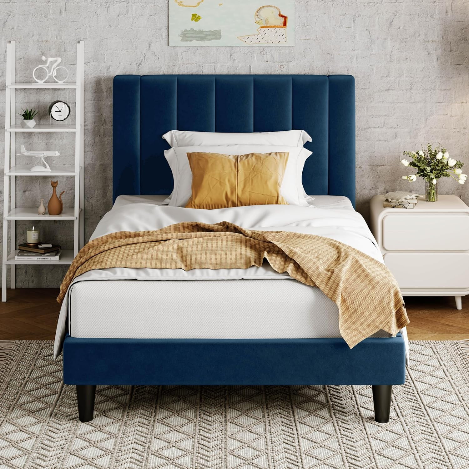 Full Bed Frame/Velvet Upholstered Bed Frame with Vertical Channel ...