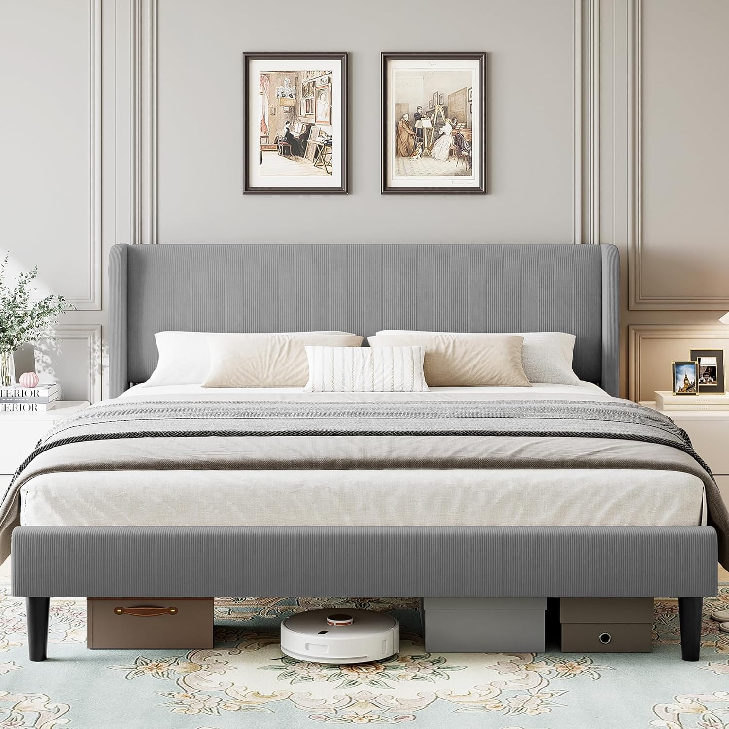 Full Bed Frame with Wingback Headboard – Elegant Vertical Stripe Velvet ...