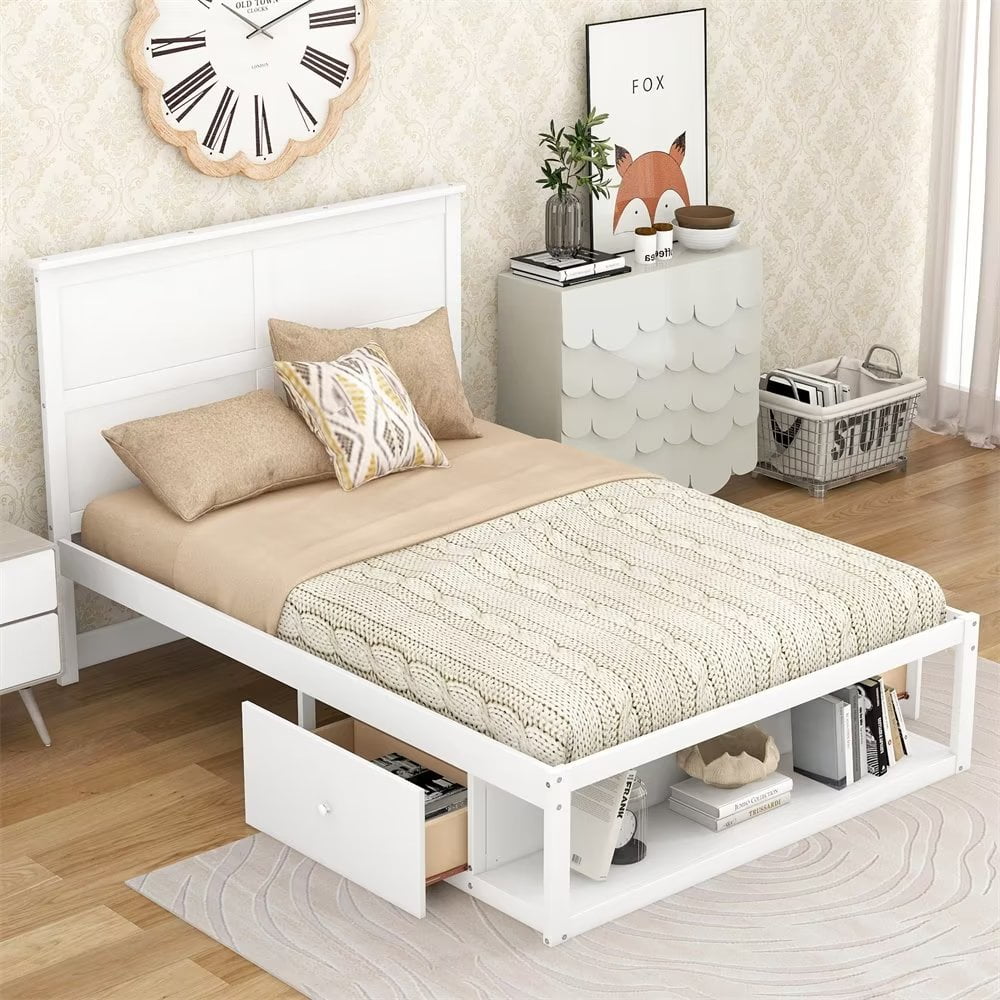 Full Bed Frame, Wood Platform Bed with Drawer on the Each Side and ...