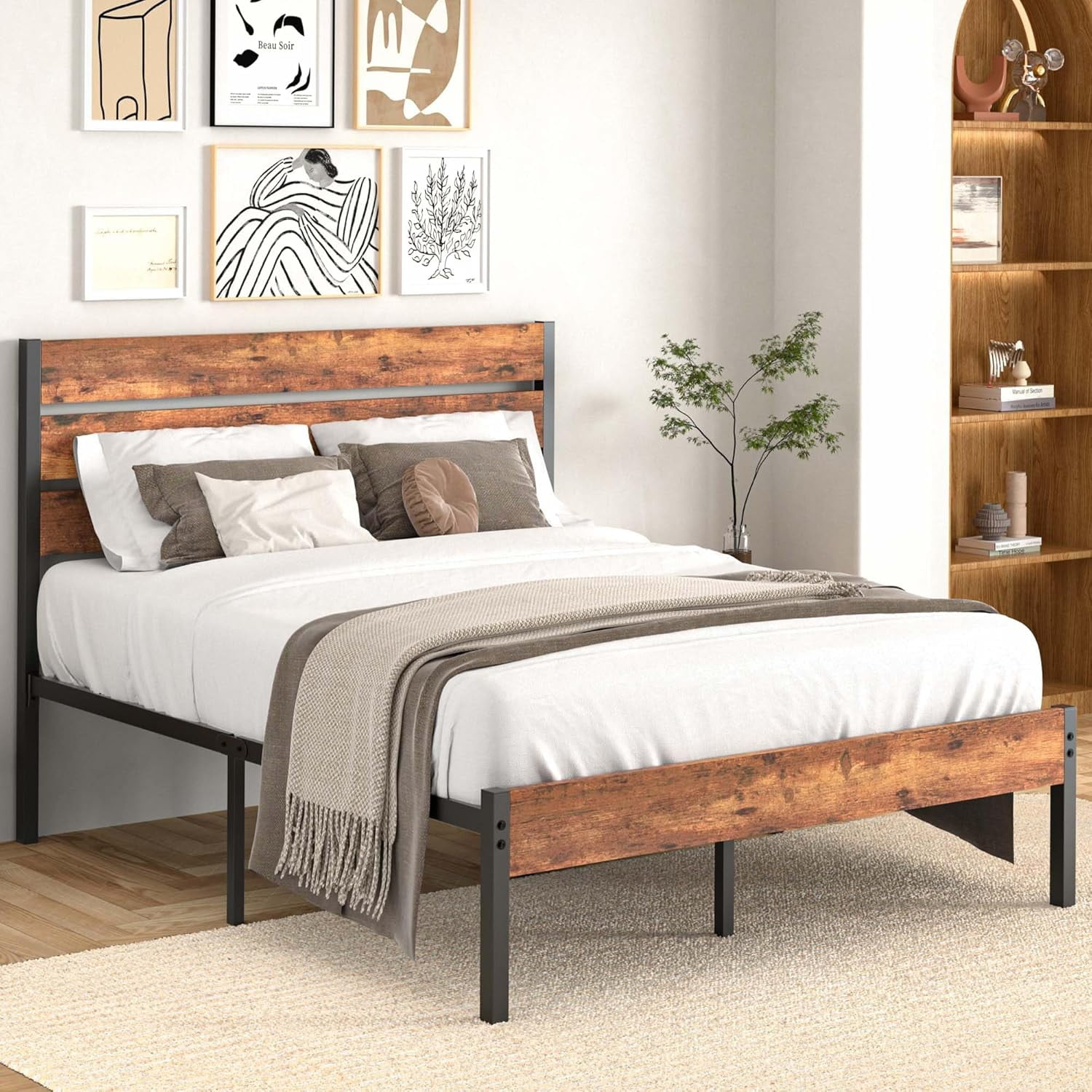 Full Bed Frame with Wooden Headboard and Footboard, Heavy-Duty Platform ...