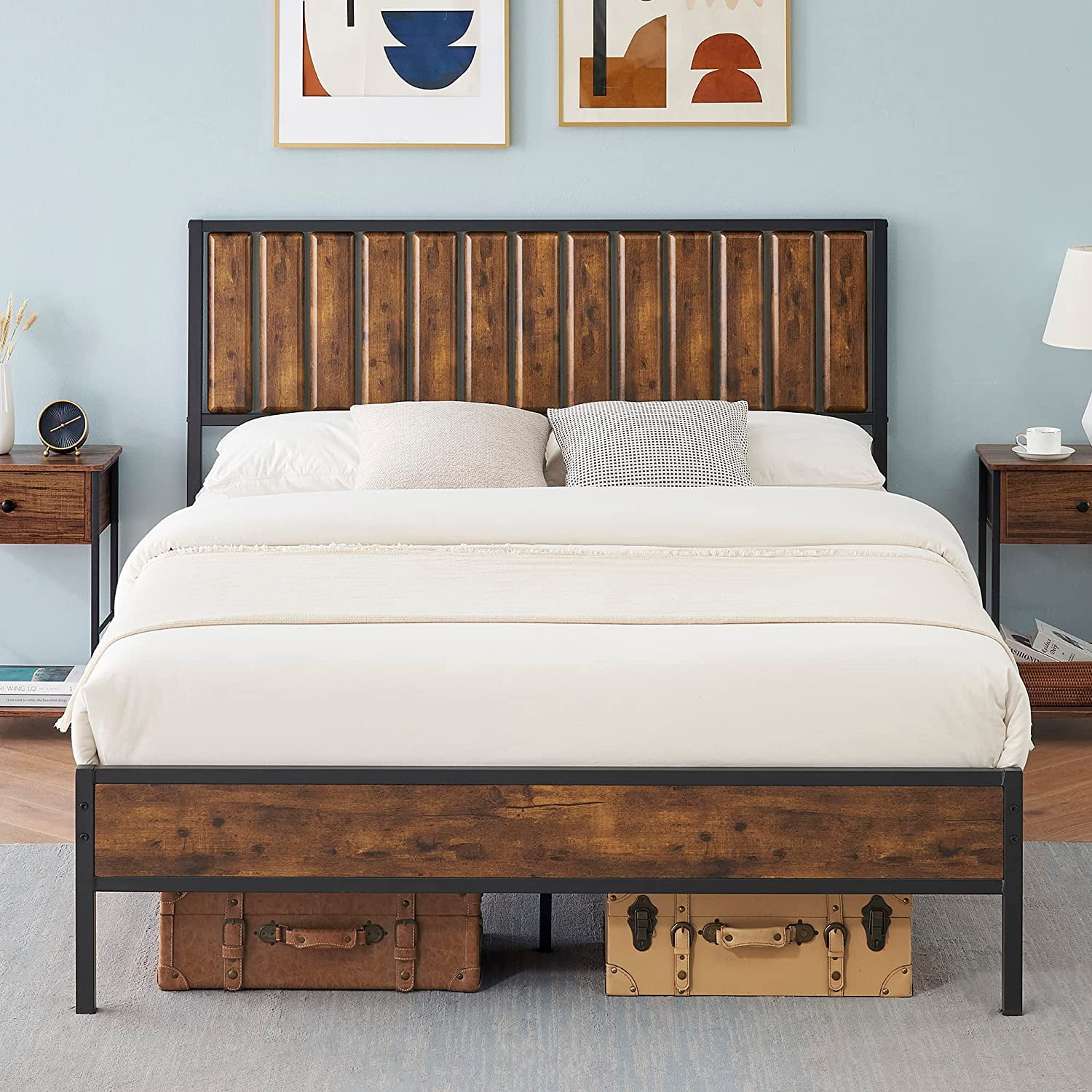 Full Bed Frame with Wooden Headboard and Footboard,Metal Full Size Bed ...