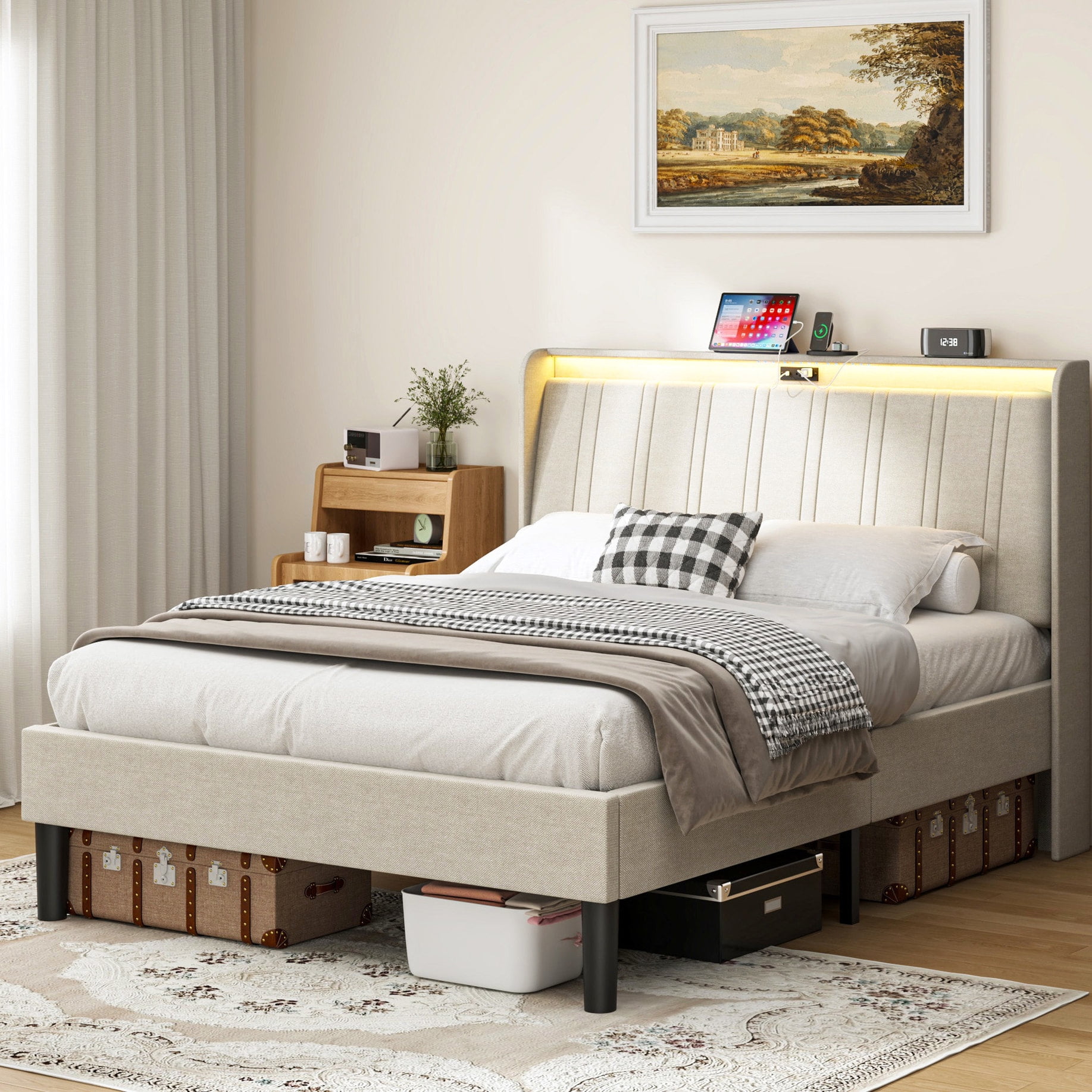 Full Bed Frame in Beige - Sturdy Metal Structure with Charging Ports ...