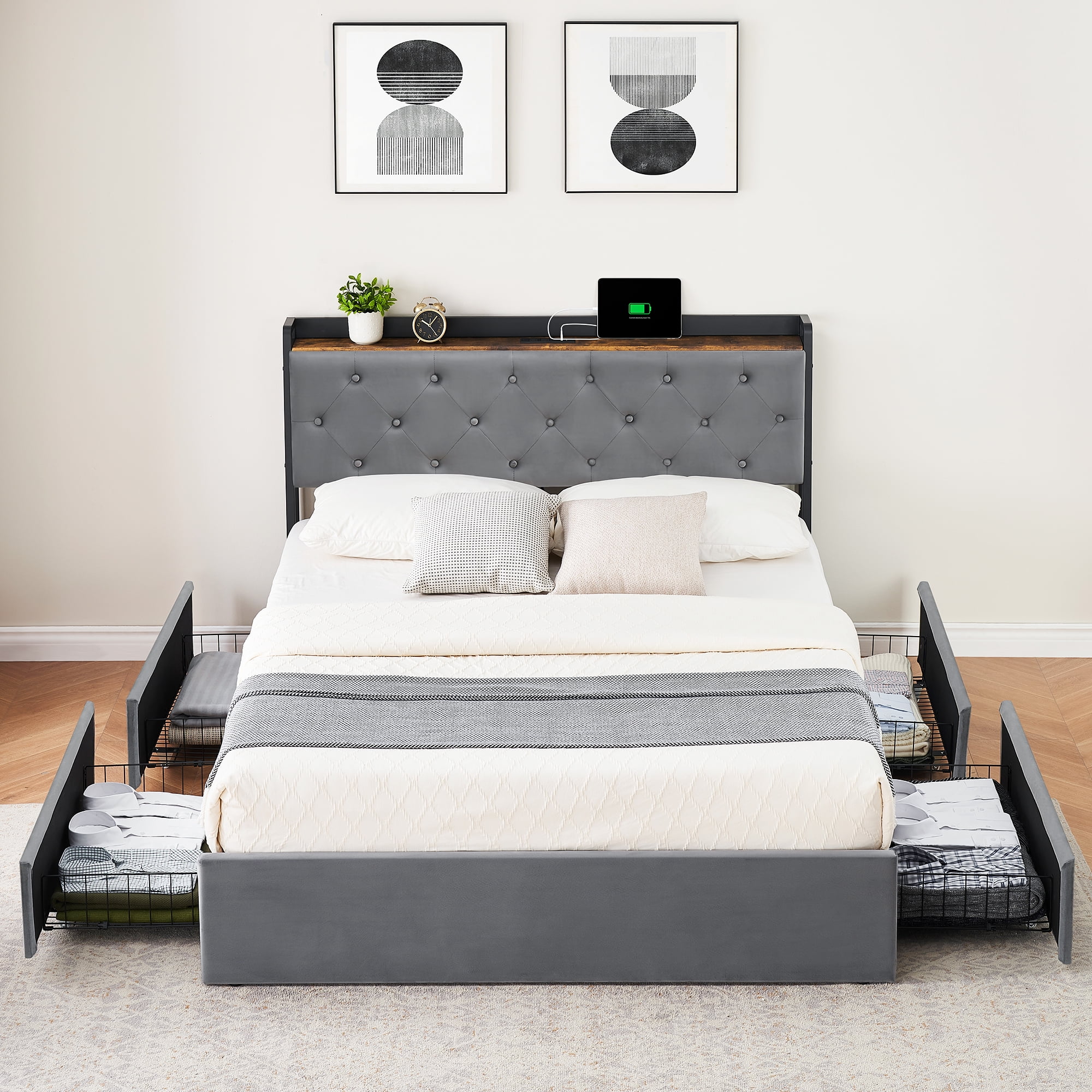 Full Bed Frame with 4 Storage Drawers and Charging Station,Grey Queen ...