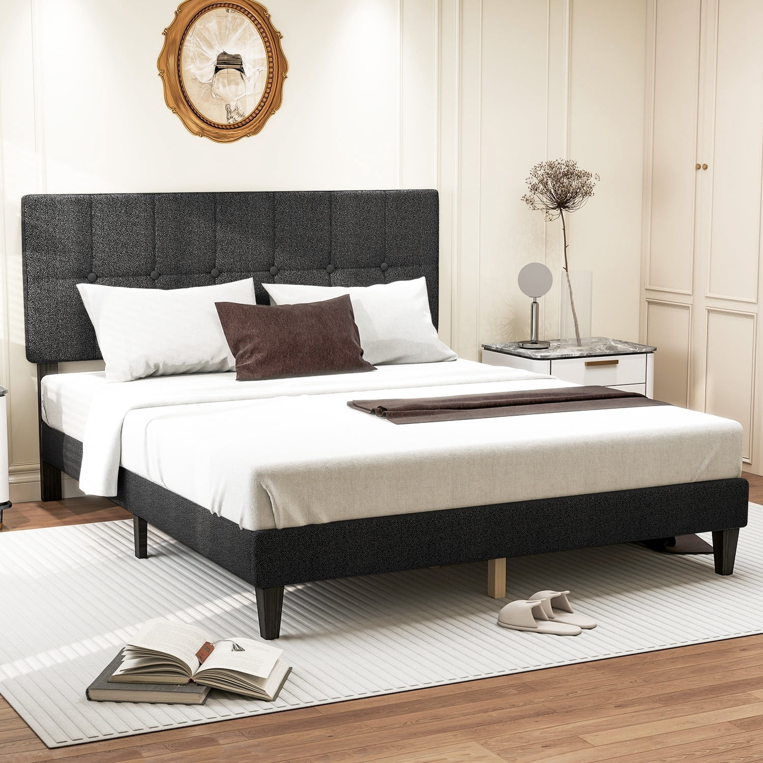Full Bed Frame with Adjustable Headboard, No Box Spring Needed, Linen ...