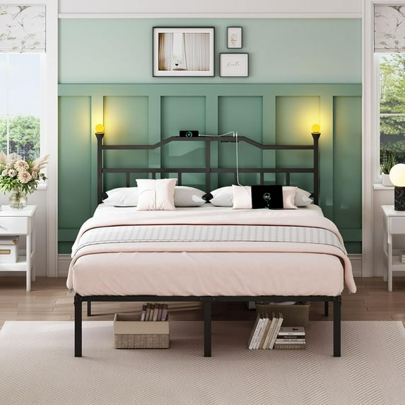 Full Bed Frame with Headboard, 14 inch Bedframe with Entertainment ...