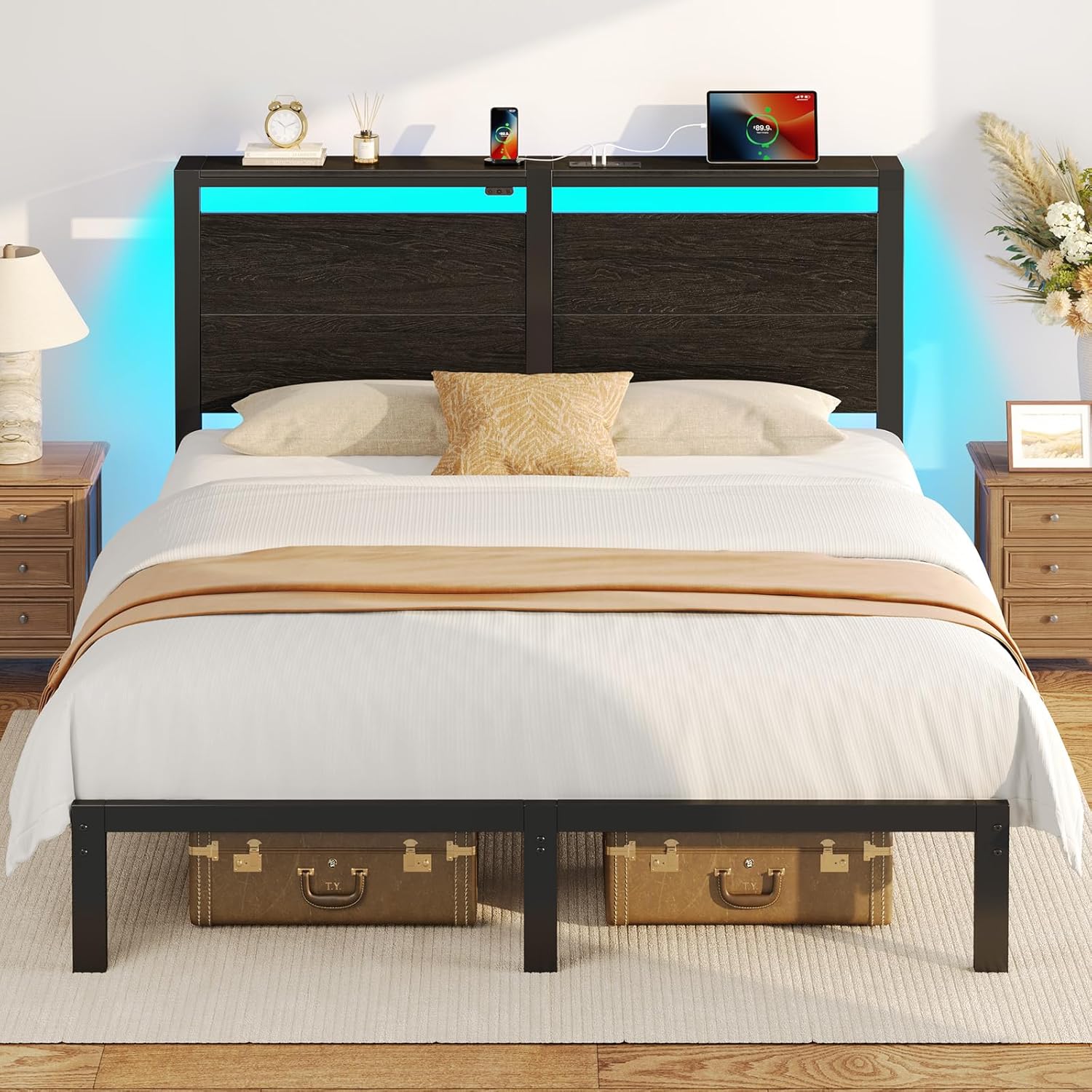 Full Bed Frame with Headboard, Bed Frame Full with Lights, Camas Full ...