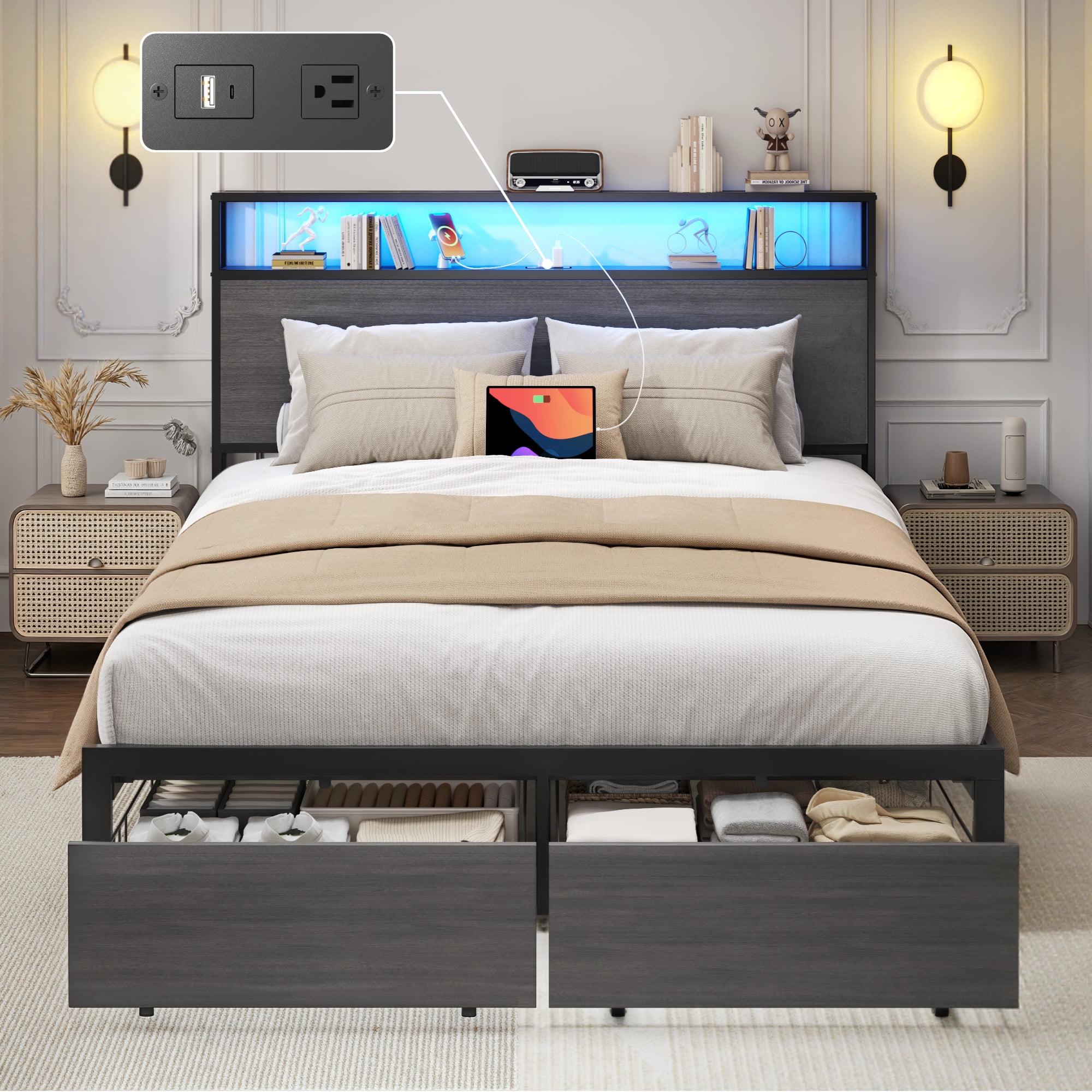 Full Bed Frame with Headboard and Storage, 2-Tier Storage Headboard ...