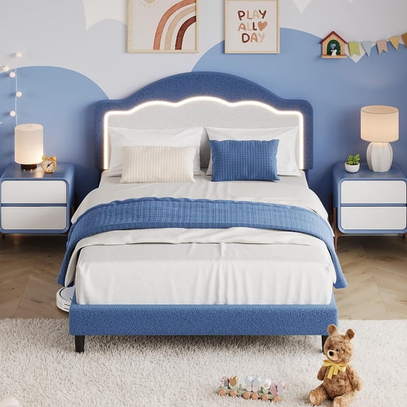 Full Bed Frame with LED Headboard - Boucle Fabric Upholstered Platform ...