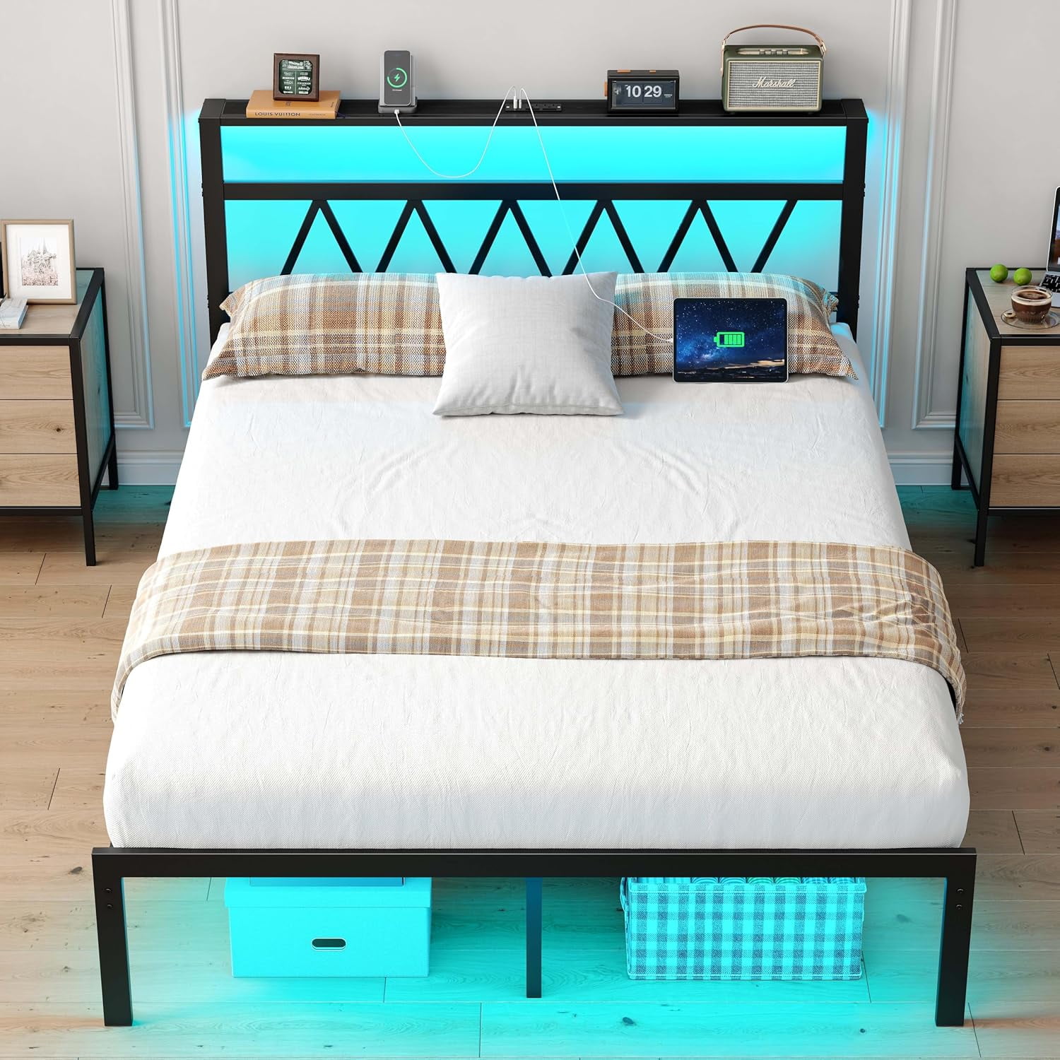 Full Bed Frame with Lights, Storage Headboard and Station, Wooden Slats ...