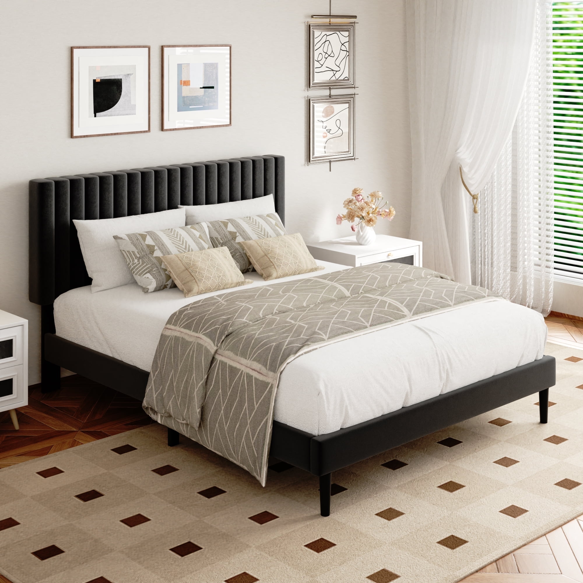 Full Bed Frame with Velvet Upholstered Headboard and Solid Wood Slats ...