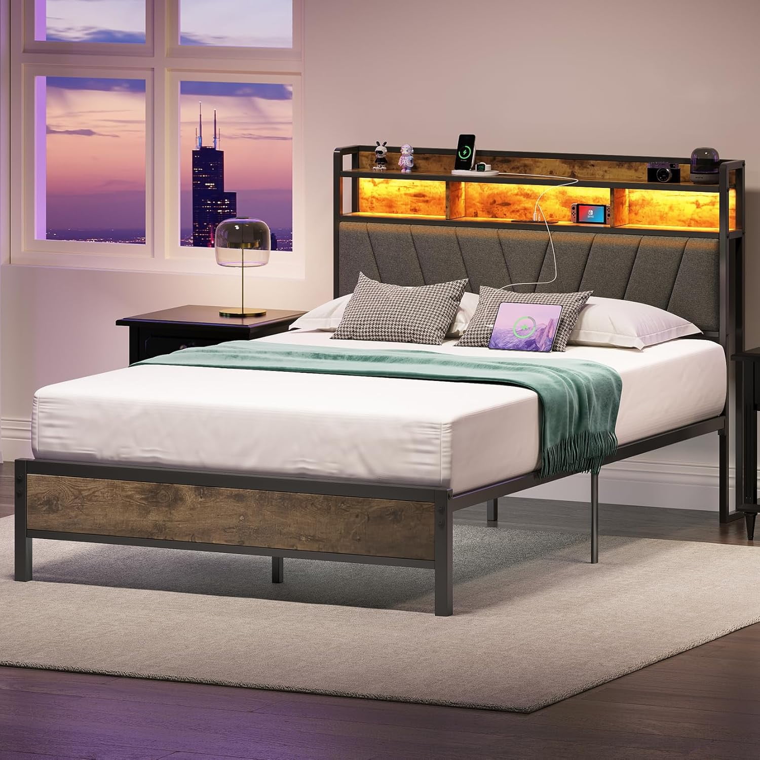 Full Bed Frames with Headboard, LED Lights Full Size Bed Frames with ...