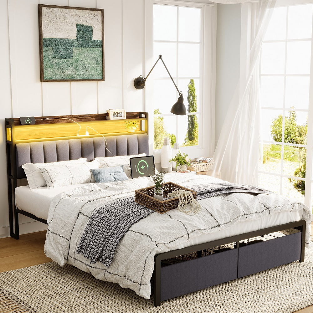 Full Bed Frames with Storage Headboard and Drawers, LED Platform Bed ...