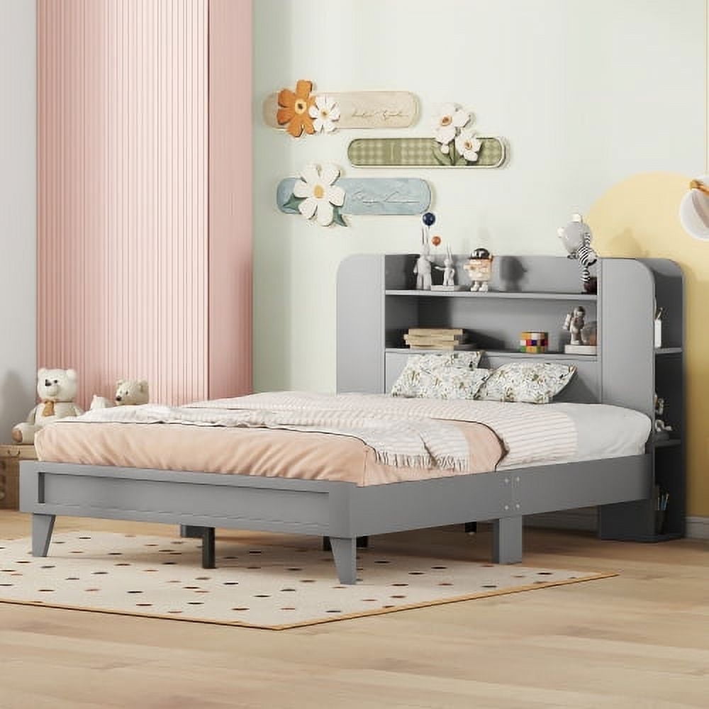 Full Bed Frames, Wood Platform Bed Frame with Storage Shelves on Both ...