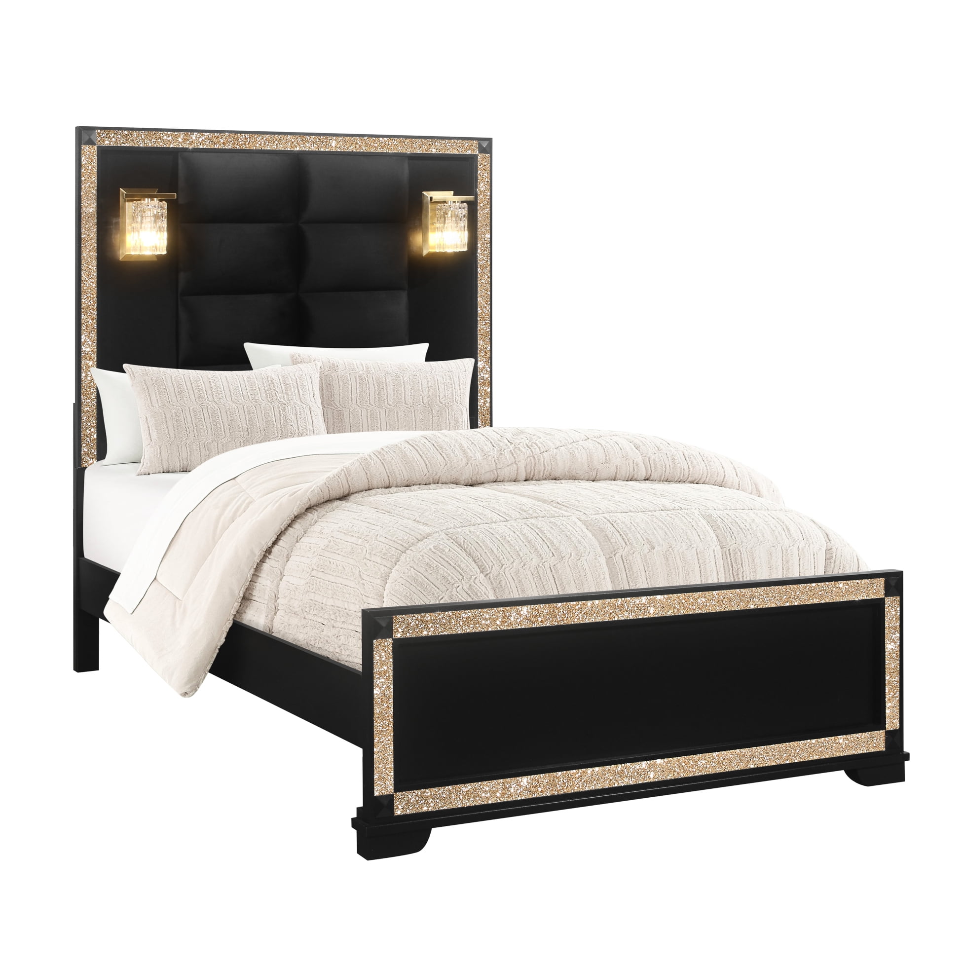 Full Bed With Lamps - Lively Black/gold, Glitter Accent, Low Profile ...