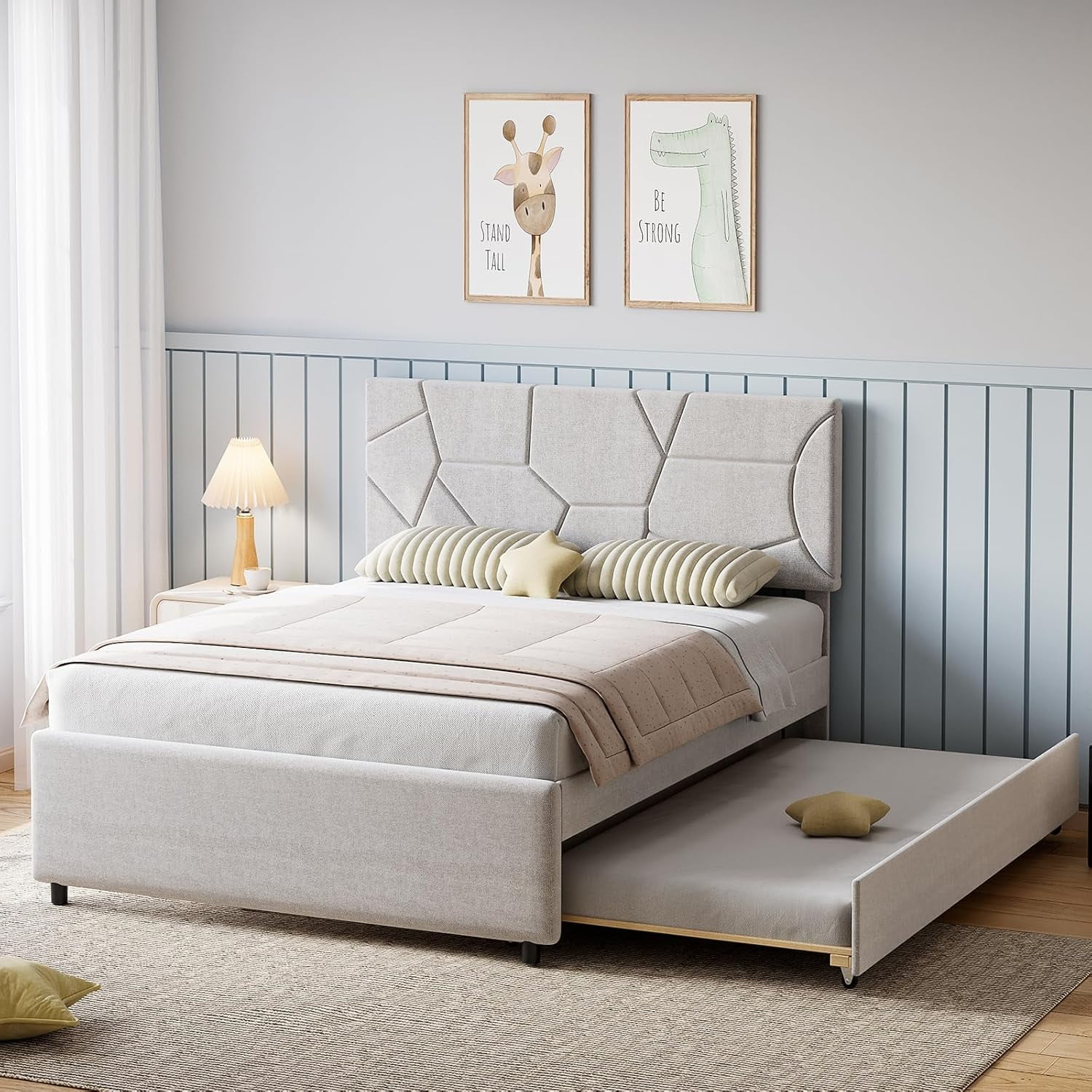 Full Bed with Trundle,Upholstered Full Over Twin Pull Out Platform Bed ...