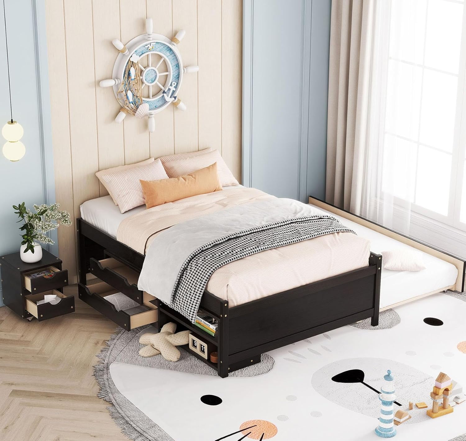 Full Bed with Trundle, Wood Trundle Bed with Built-in 2 Storage & Open ...
