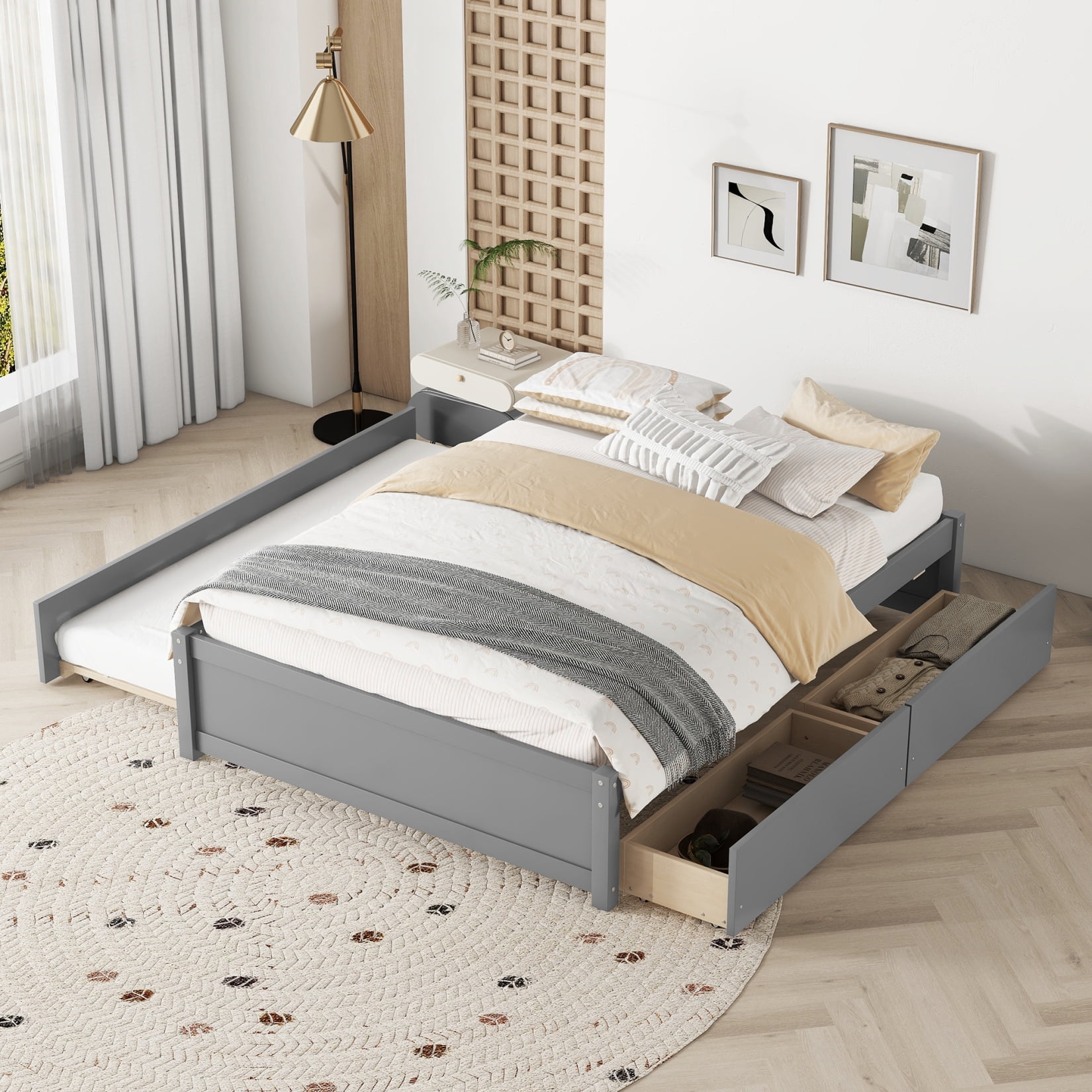 Full Bed with Twin Size Trundle and 2 Drawers, Modern Solid Wood Bed ...