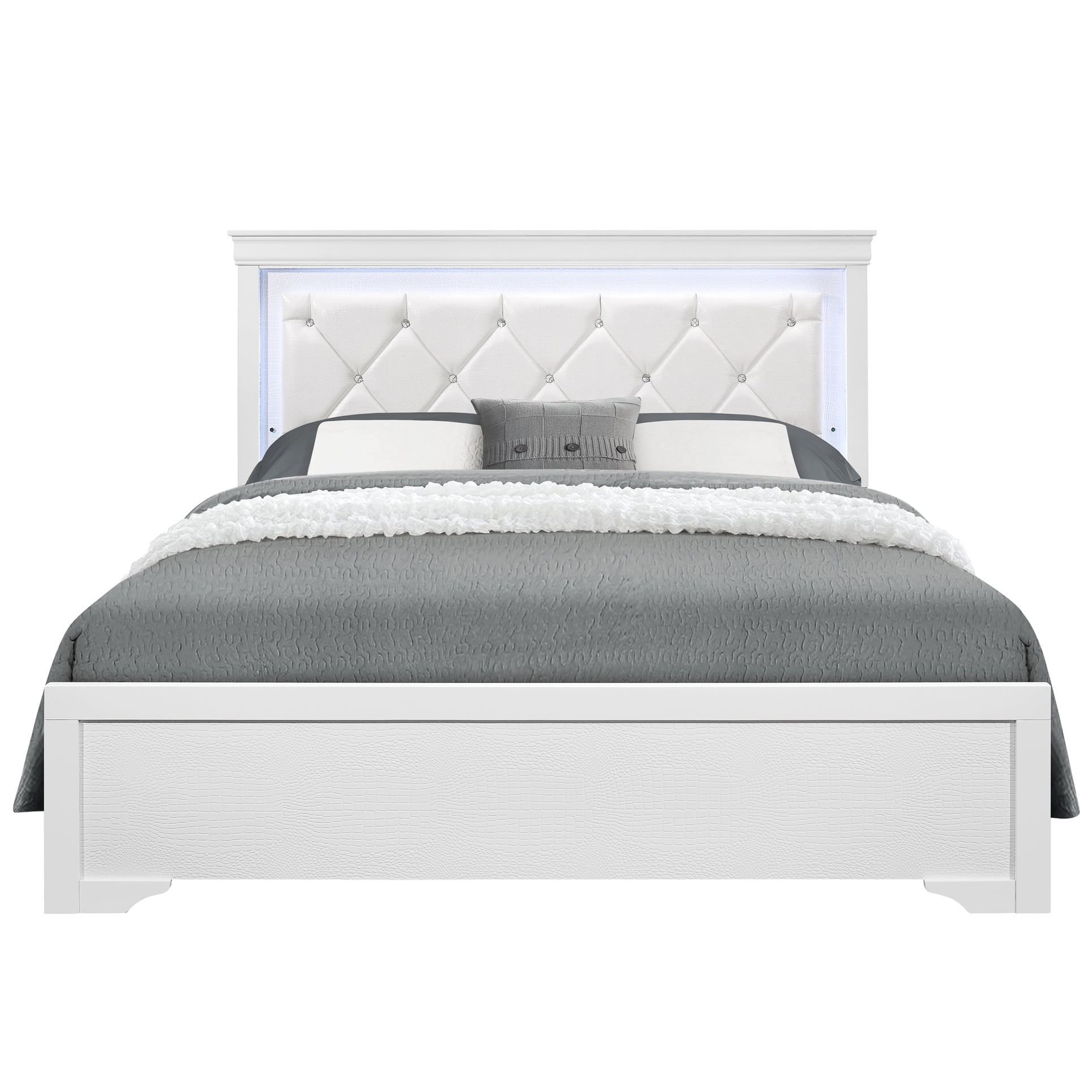 Full Bed With Led Lights And Padded Headboard, White Bedroom Furniture ...