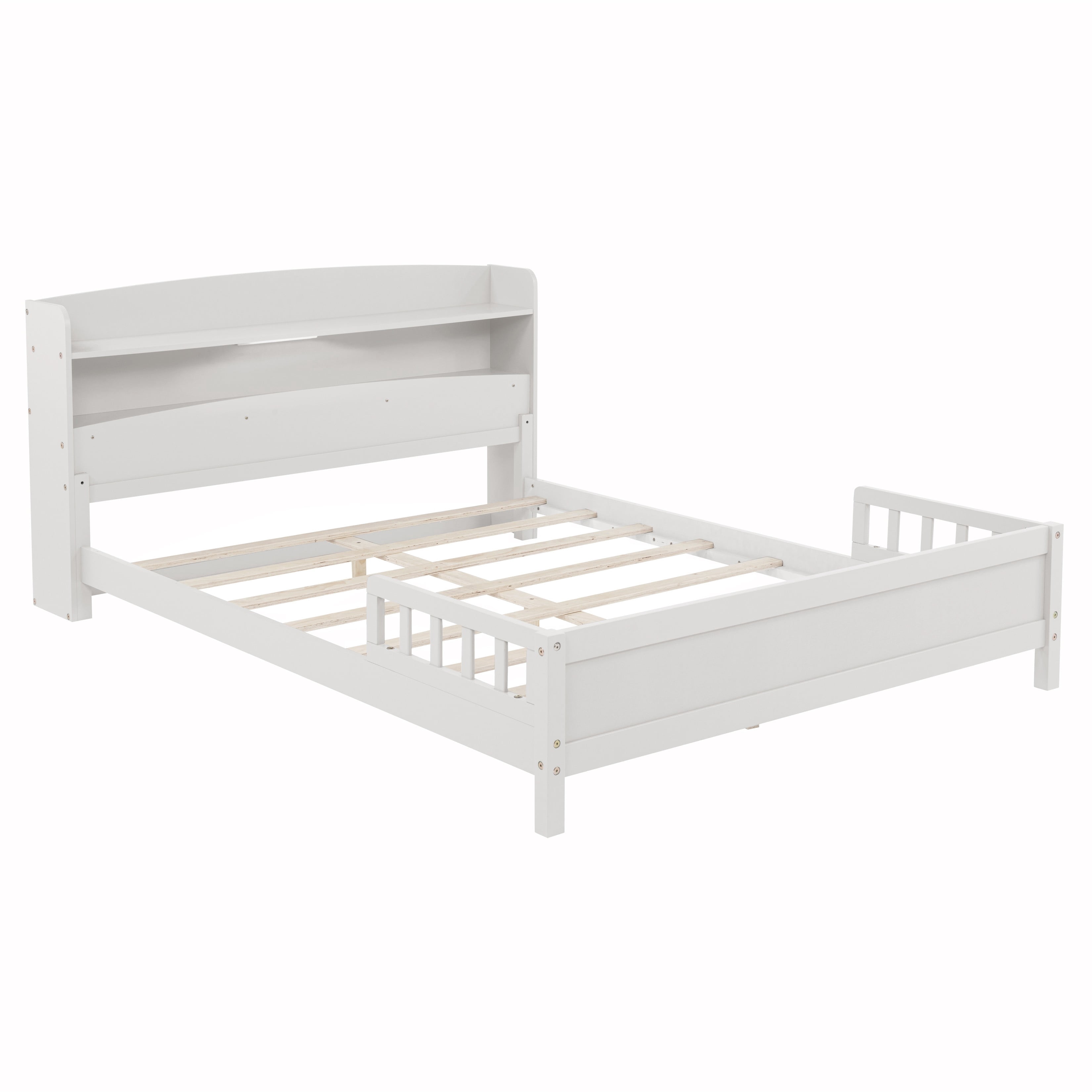Full Bed with Storage, Pine Wood Platform Bed with Bookcase Headboard ...