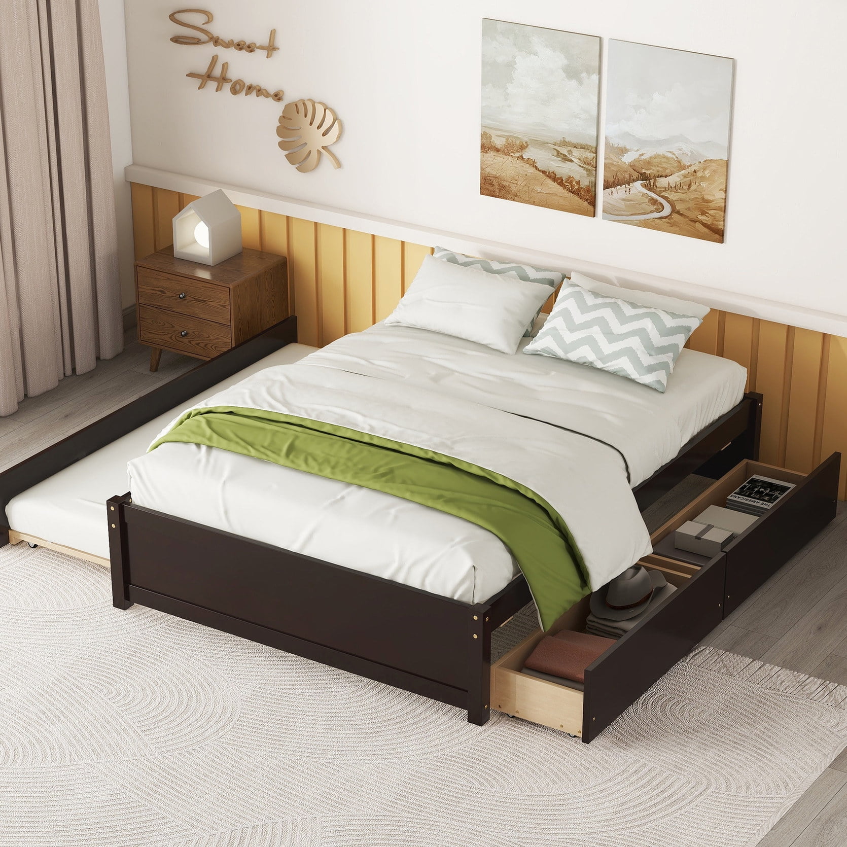 Full Bed with Twin Trundle and 2 Drawers / Strong Structure for Long ...