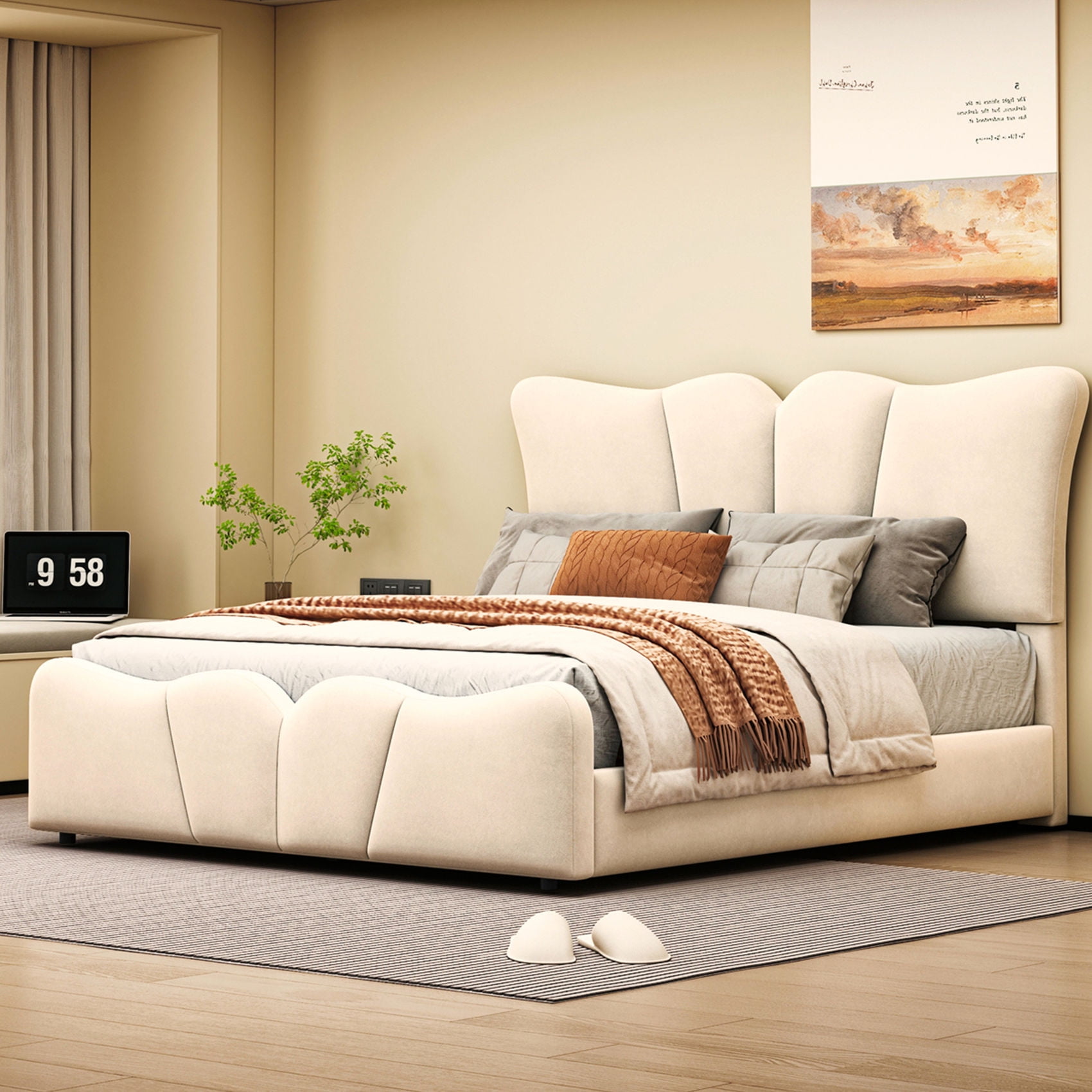 Full Beige Velvet Bed Platform Upholstered | Offers Softness, Stability ...