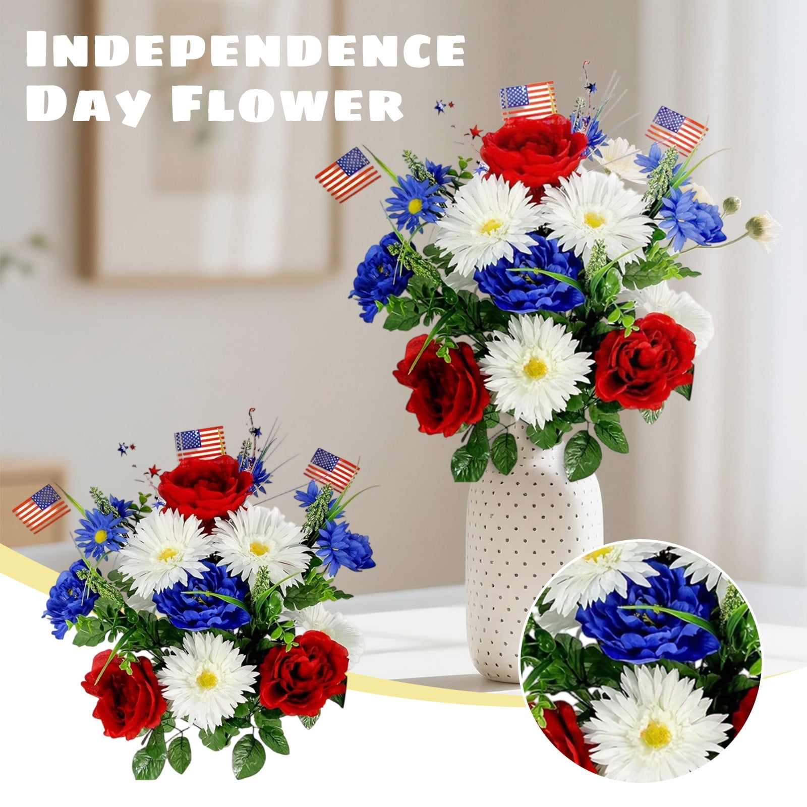Full Bloom Red White Blue Artificial Flowers with American Flags for ...