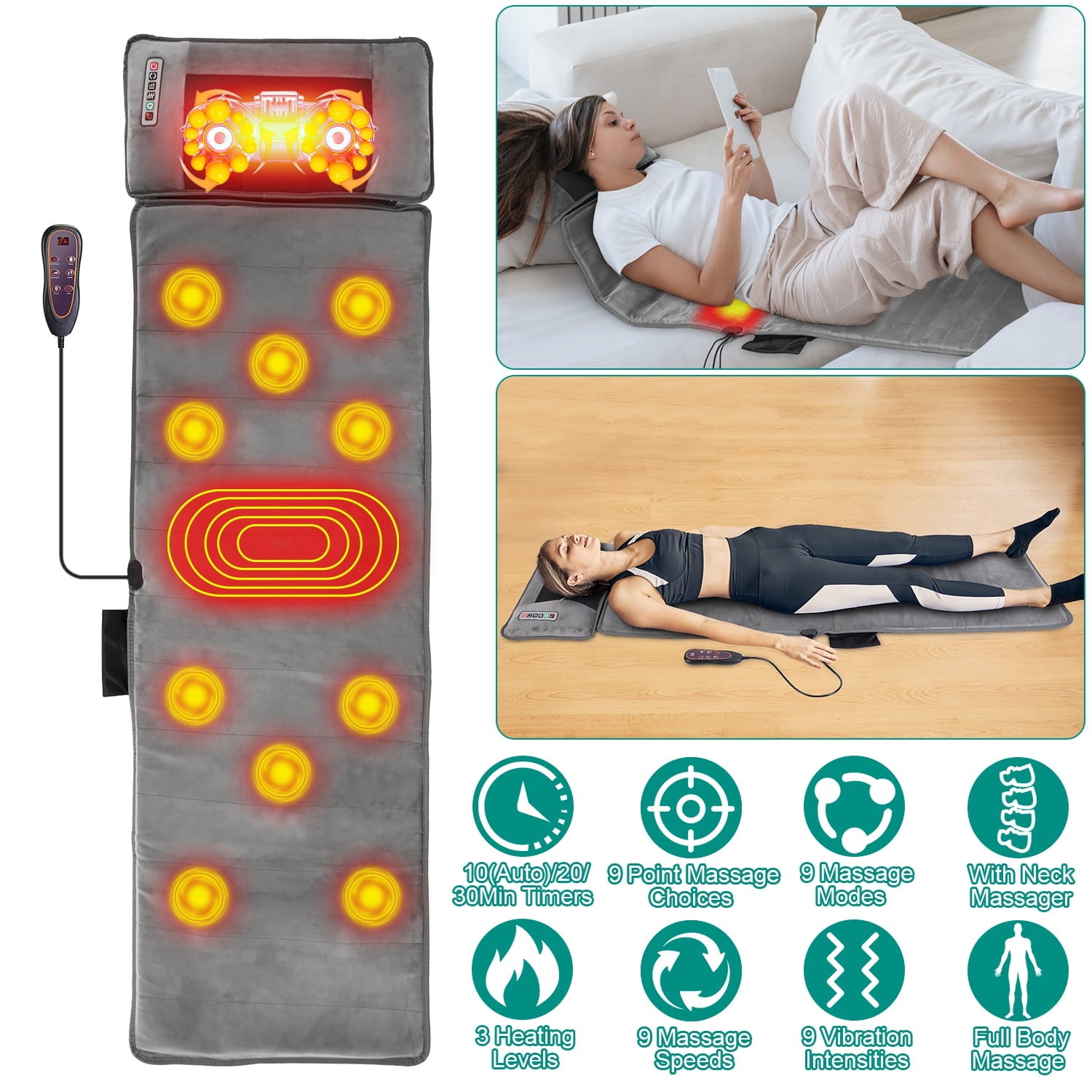 Full Body Massage Mat with Heat 10 Neck Shiatsu Kneading Massage Heads ...