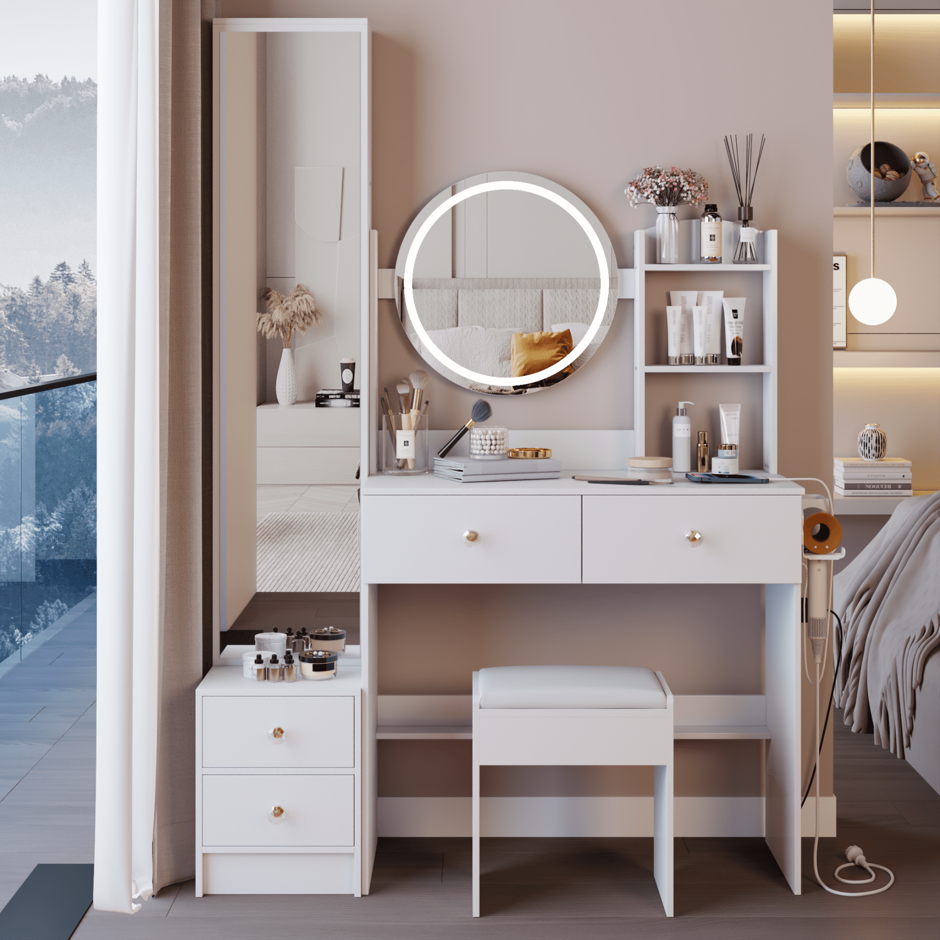 Full Body Mirror Cabinet & LED Vanity Table with Cushioned Stool, 17 ...