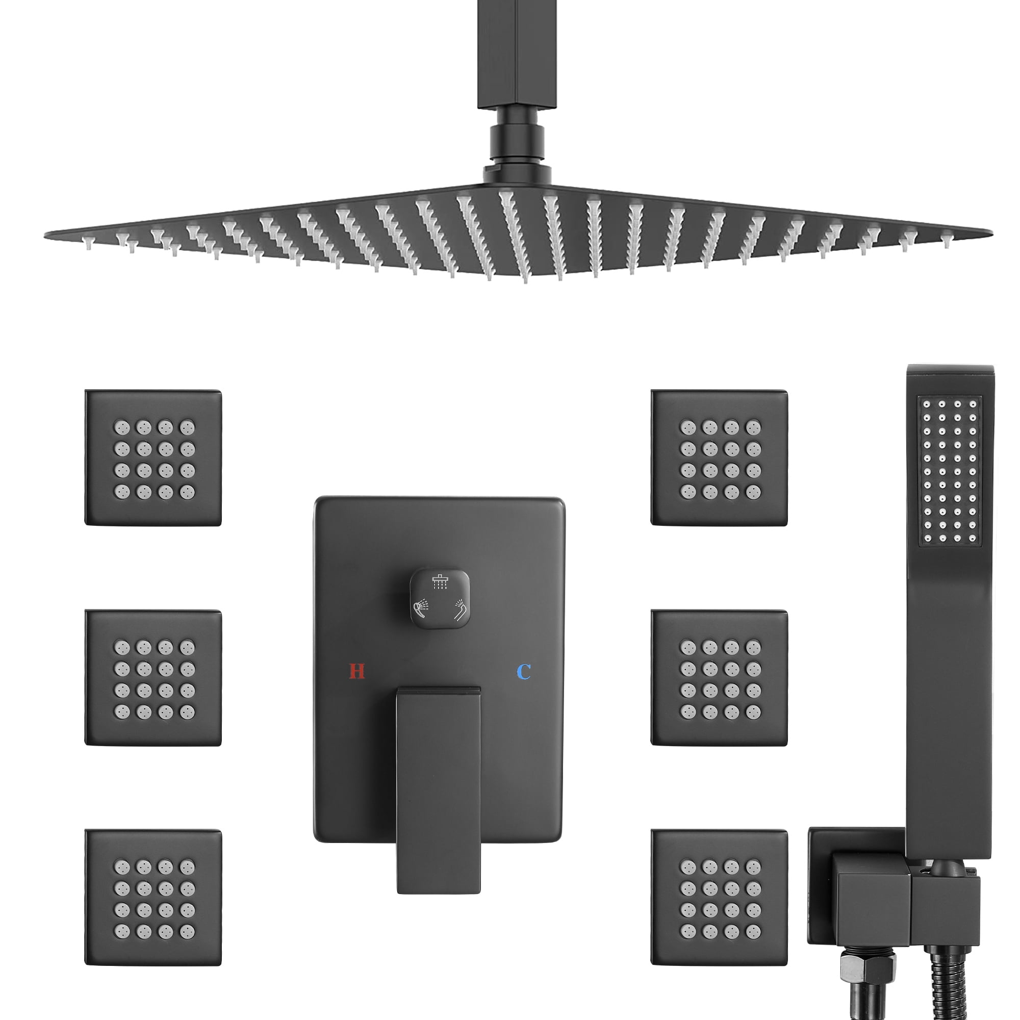FOSES Matte Black 12'' Ceiling Shower Head System, Body Spray Jets ...