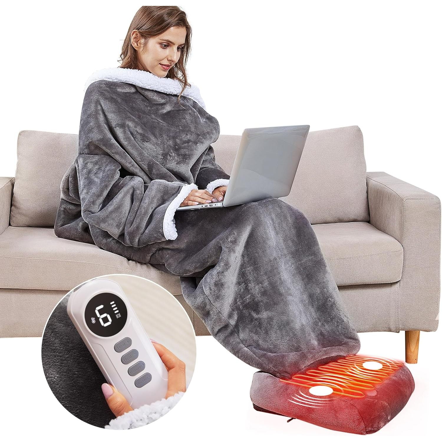 Full Body Wrap Blanket with Heating Pad Foot Warmer, Sherpa Wearable ...