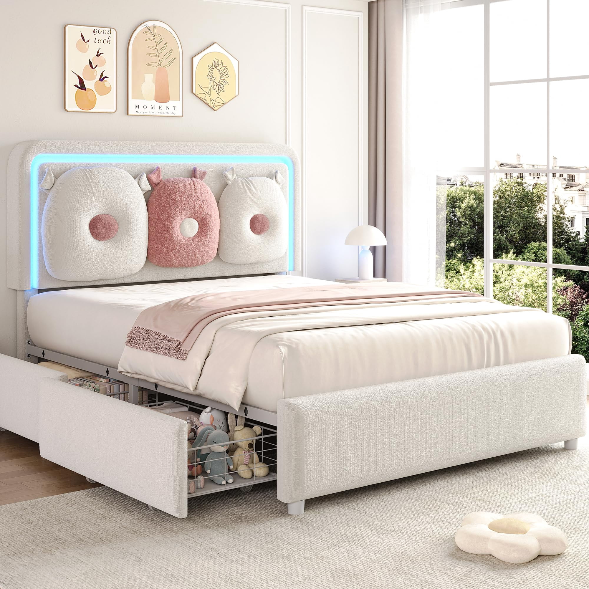 Full Boucle Upholstered LED Bed Frame with Storage Drawer and ...