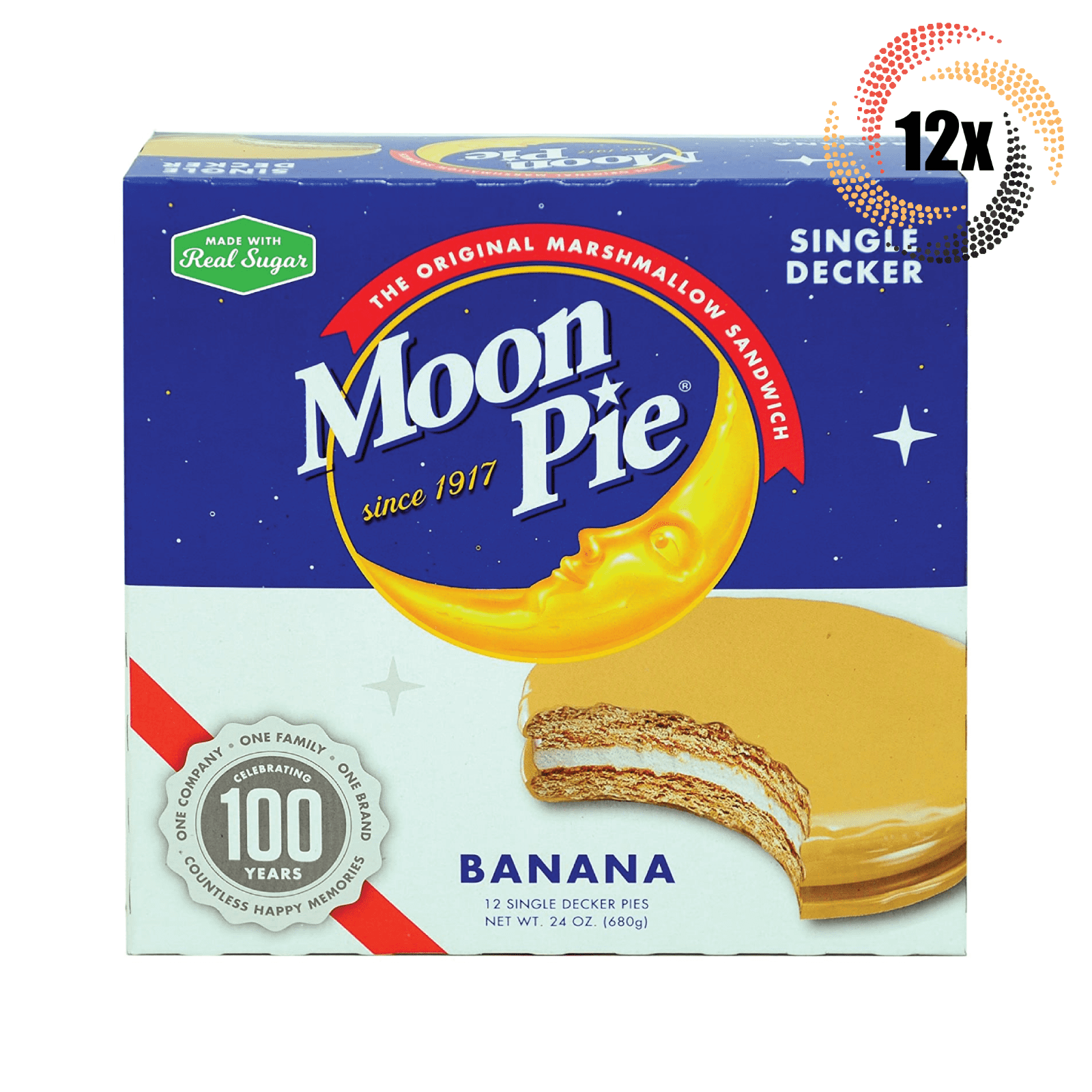 Full Box 12x Pies Moon Pie Single Decker Banana Marshmallow Sandwiches ...