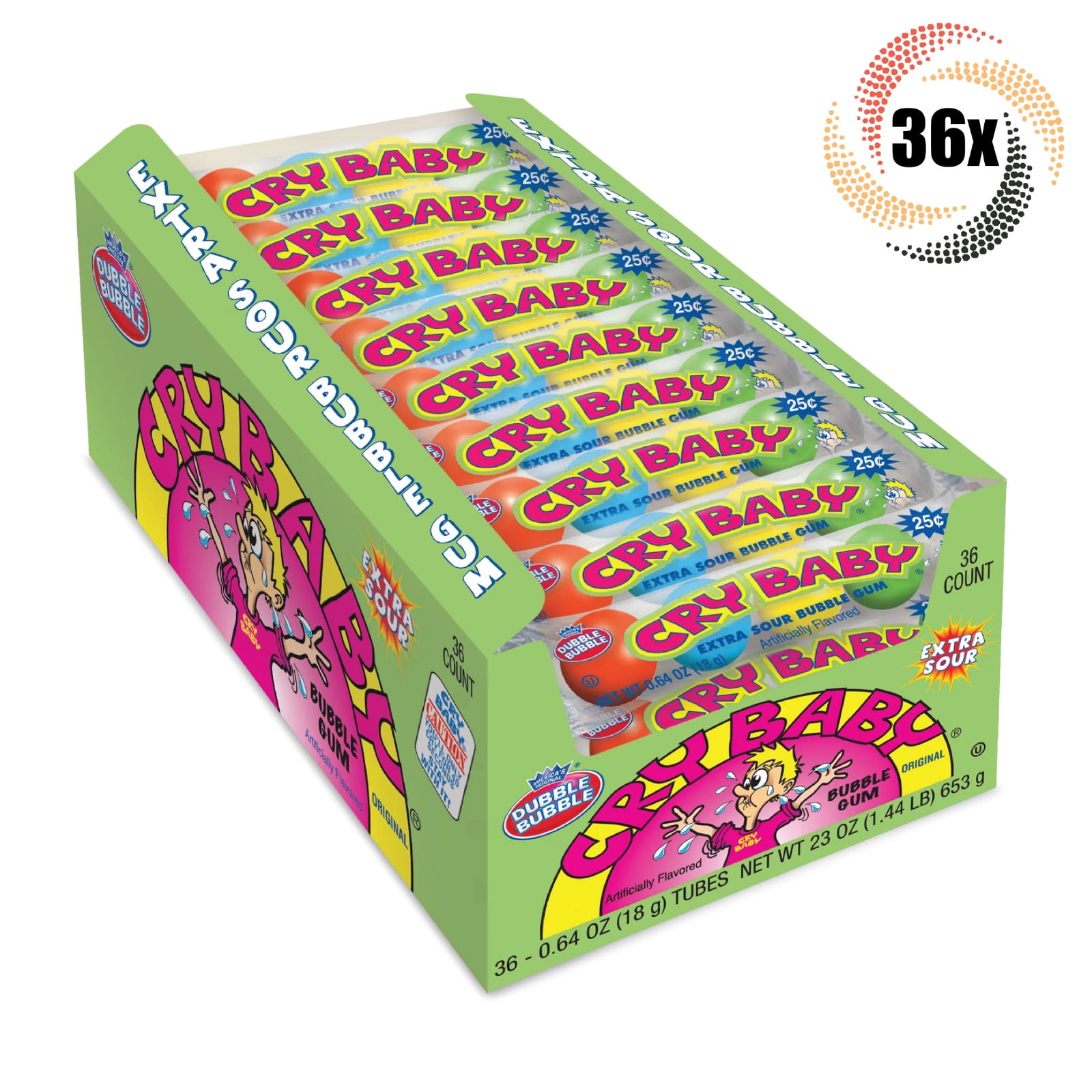 Full Box 36x Pack Dubble Bubble Cry Baby Sour Gum Ball - 4 Gumballs ...