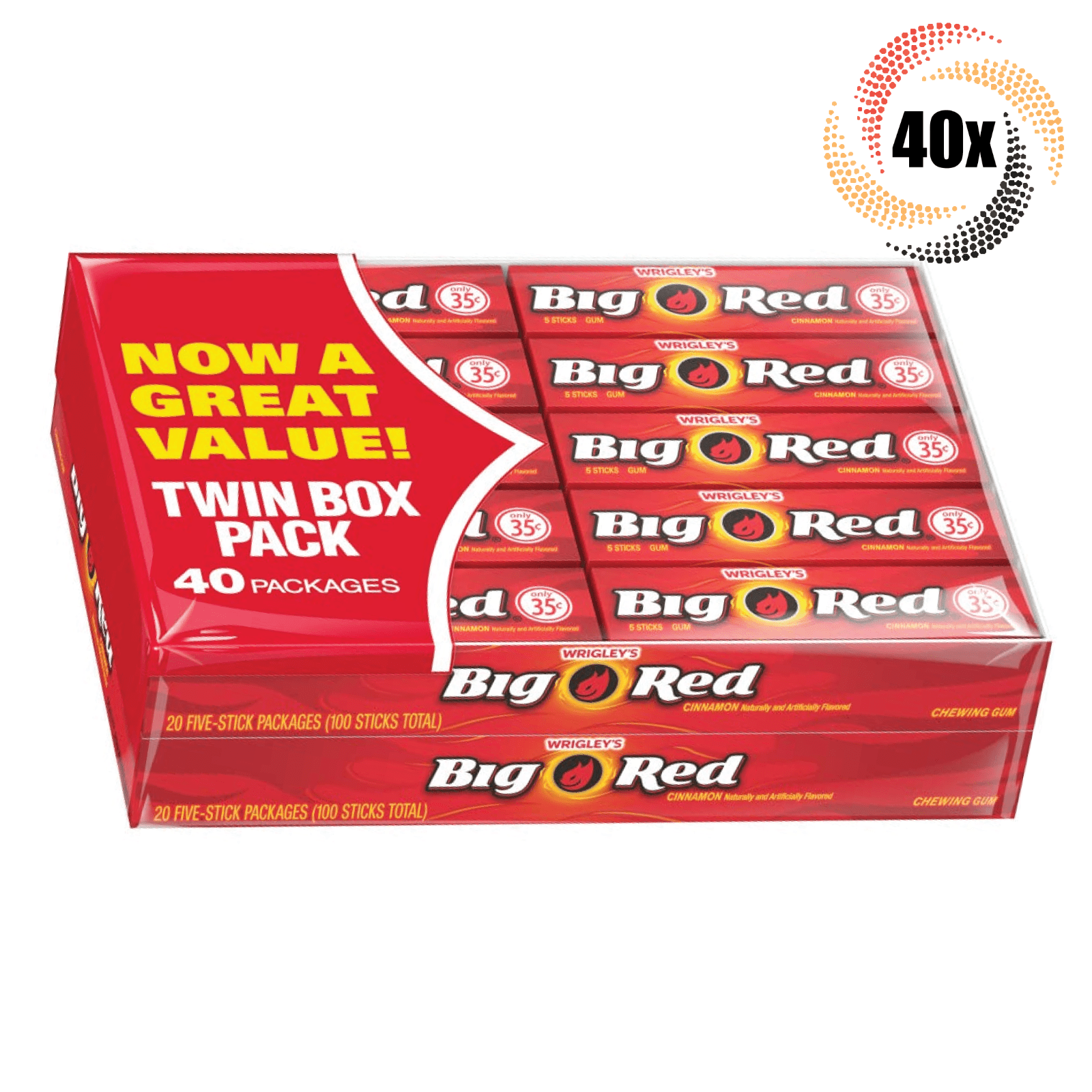 Full Box 40x Packs Wrigley's Big Red Cinnamon Flavor Chewing Gum ( 5ct ...
