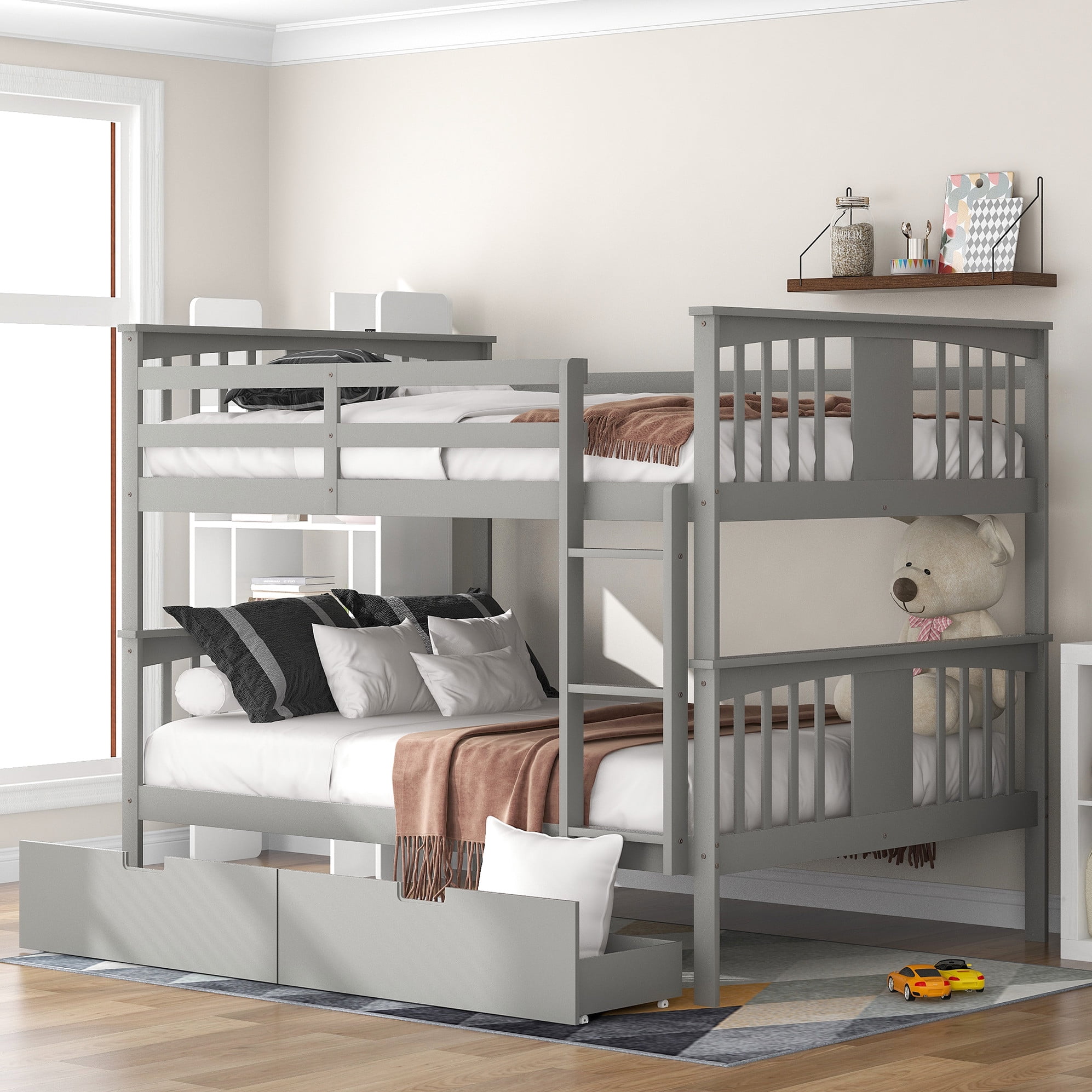 Full Over Bunk Bed In Gray With Drawer Storage. And Dependable ...