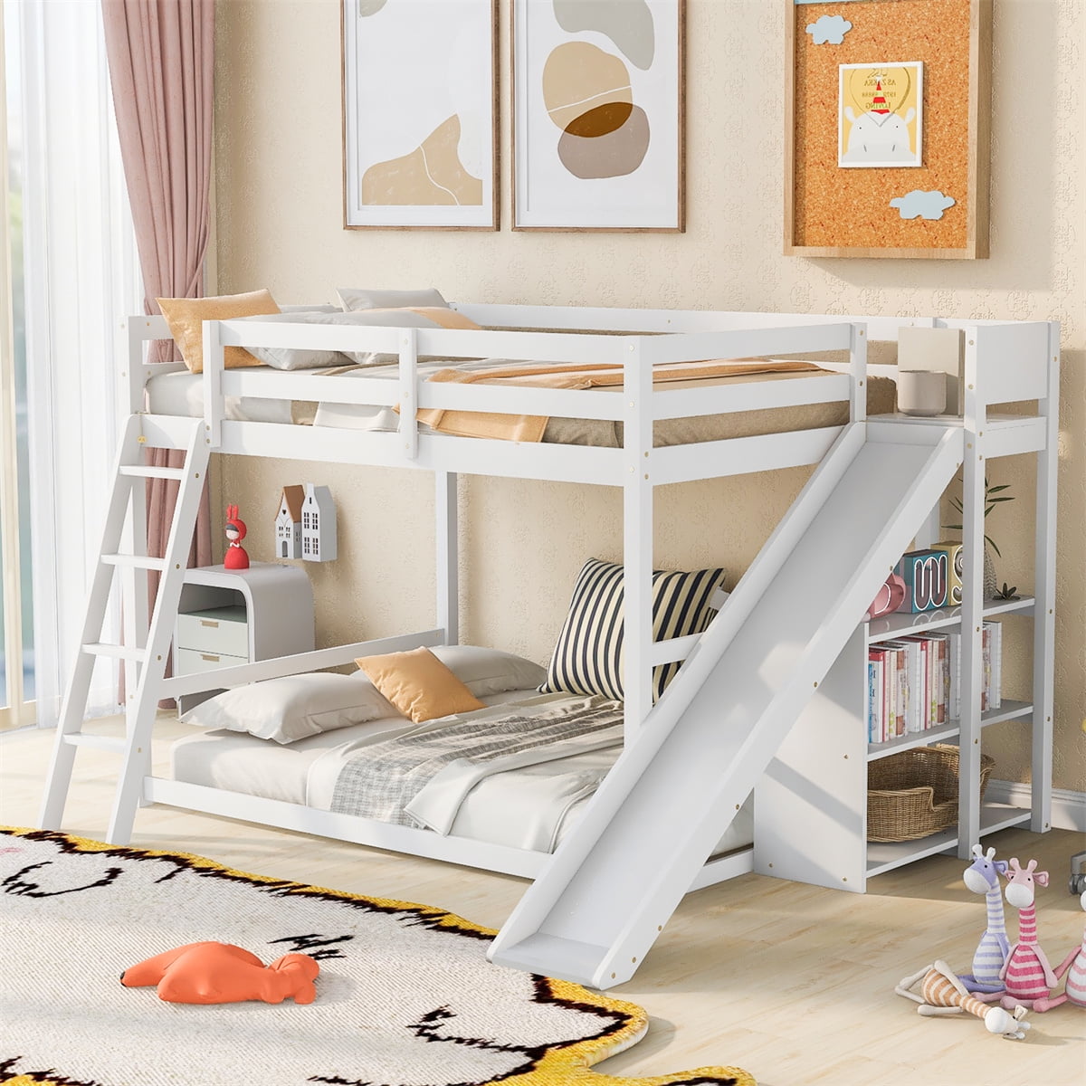 Full over Full Bunk Bed Wood Bunk Bed with Ladder and Slide for Kids Teens Boys Girls Space Saving Multifunctional Storage Bed Frame with 3 Story Shelves for Bedroom No Box Spring Needed