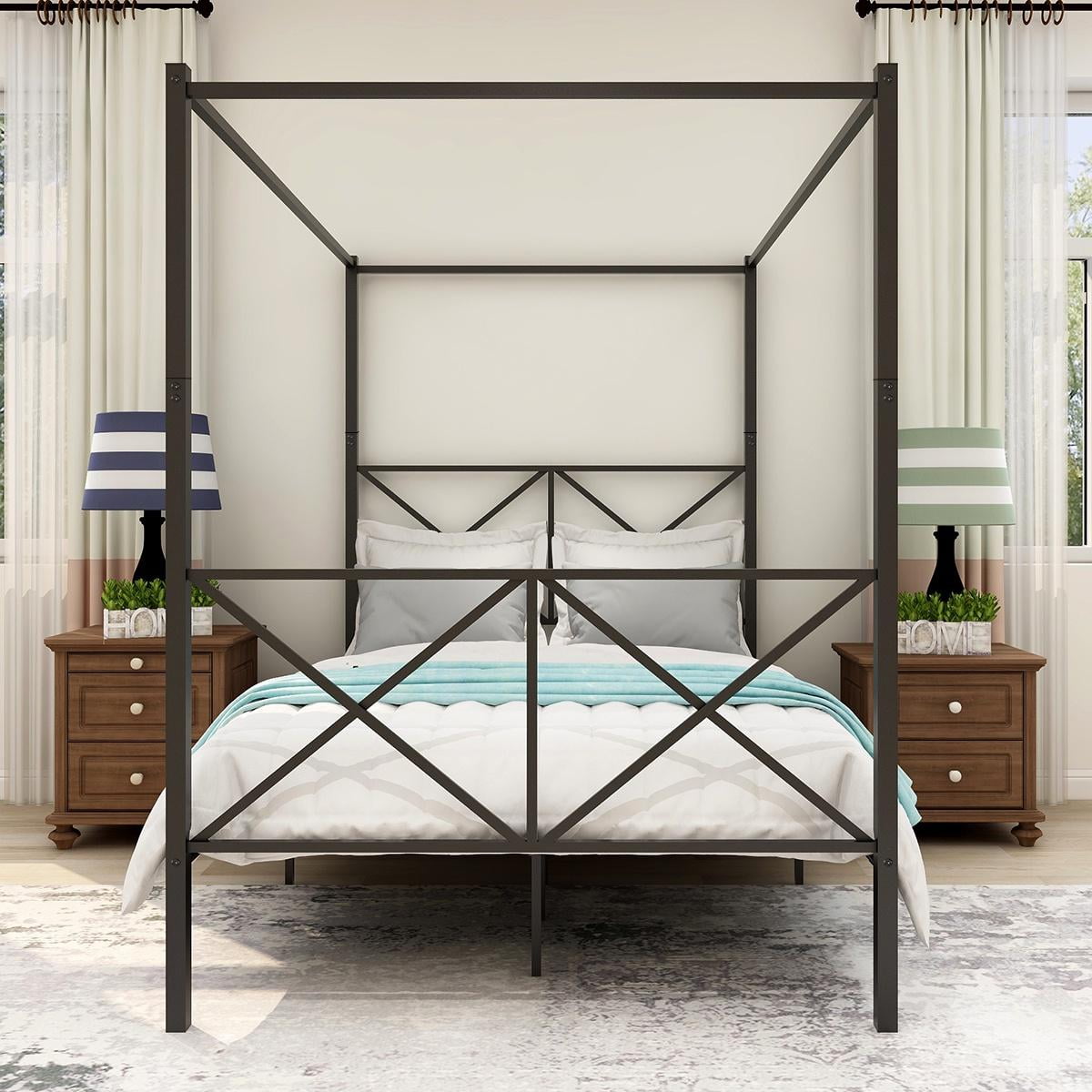 Full Canopy Platform Bed, Metal Canopy Bed Frame with X Shaped ...