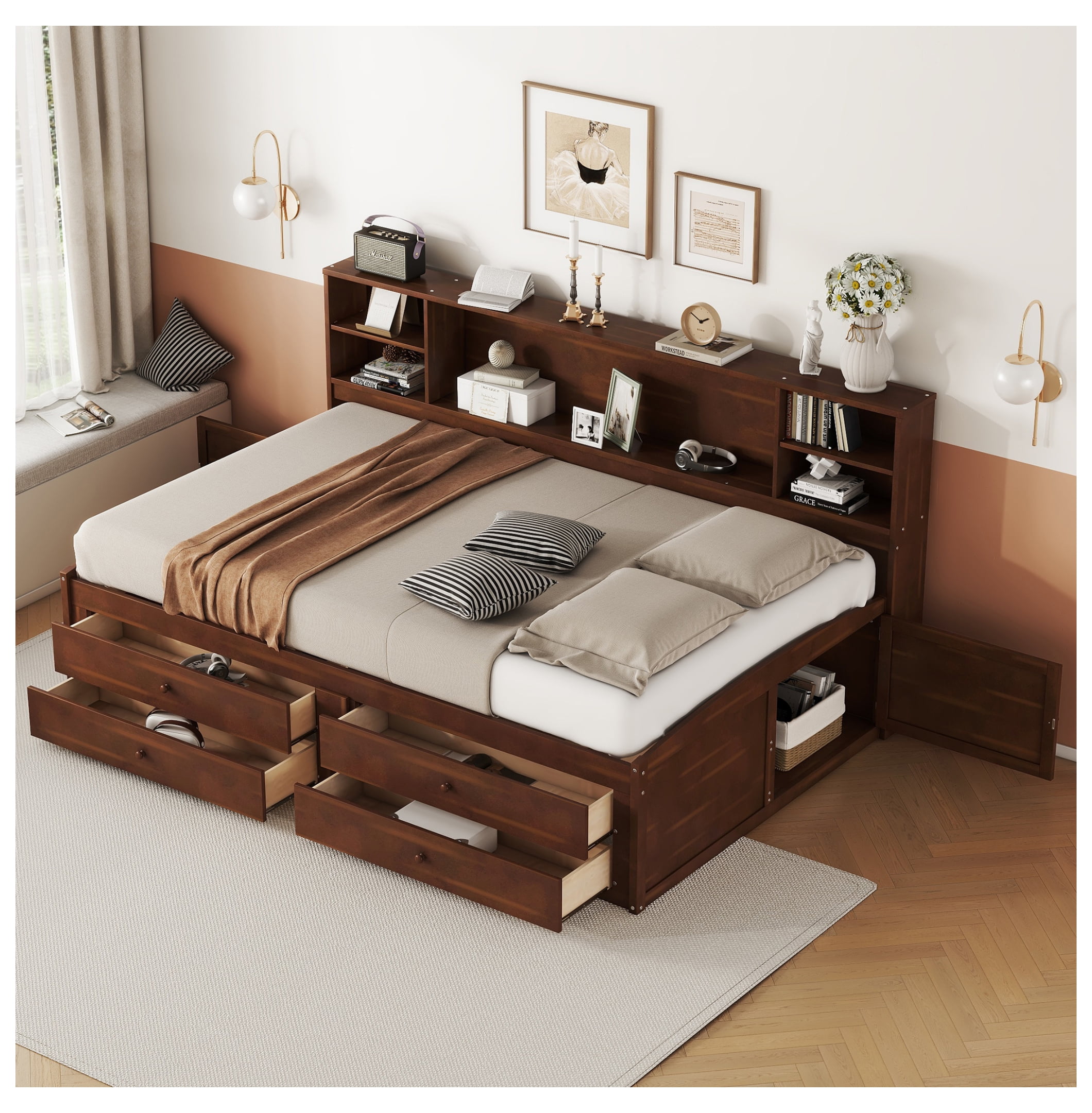 Full Captain Bed w/Shelves, 4 Drawers & 2 Cabinets, Antique Brown ...