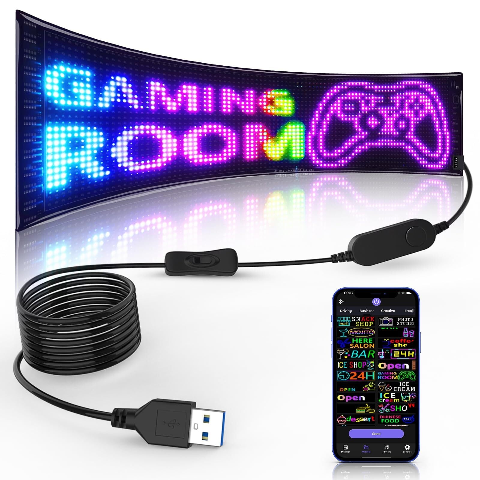 Full Color Double Row Scrolling LED Light Sign, 17''x6.3'' Flexible 5V ...