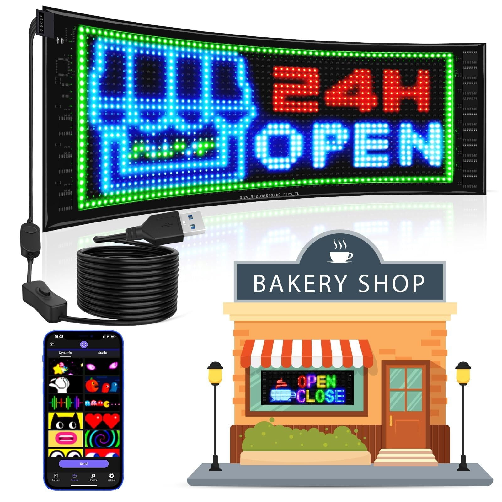 Full Color Double Row Scrolling LED Light Sign, 17''x6.3'' Flexible 5V/2A Bluetooth APP Control ...