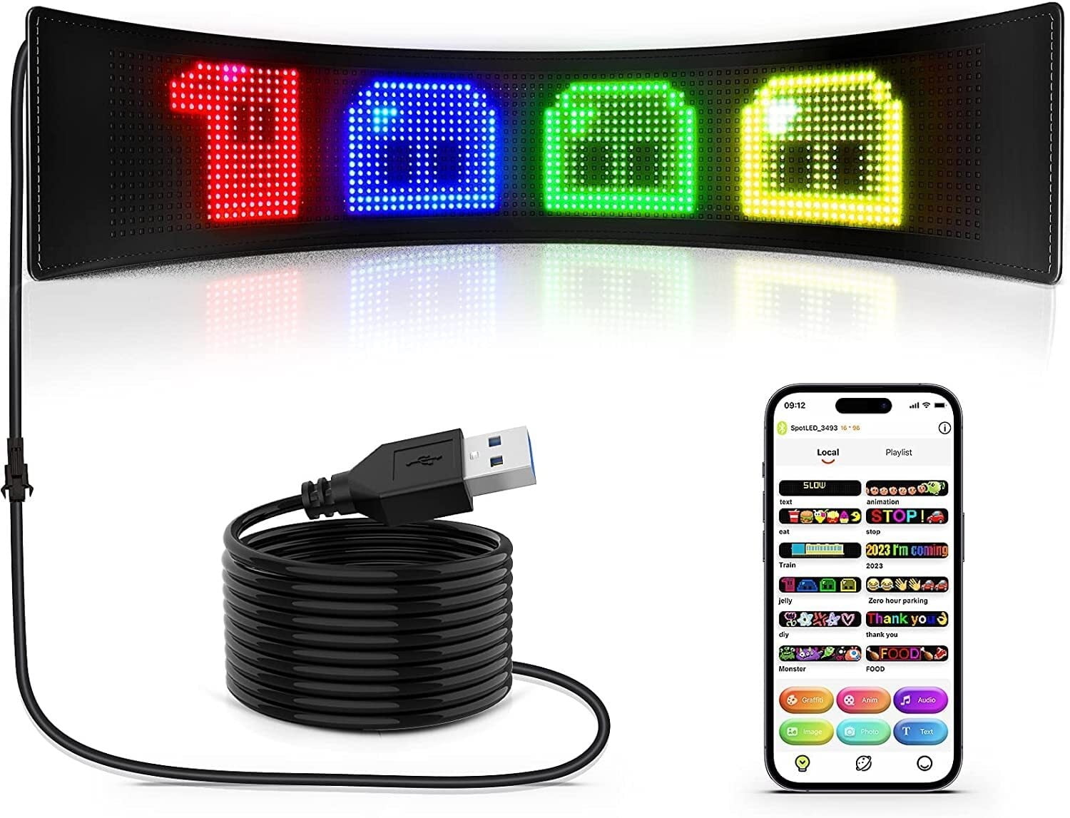 Full-Color Import Picture Programmable LED Sign, 27''x5'' Flexible USB ...