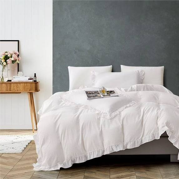 Full Comforter Set 3 Pieces Ruffle Bedding Sets White Cute Bedding ...