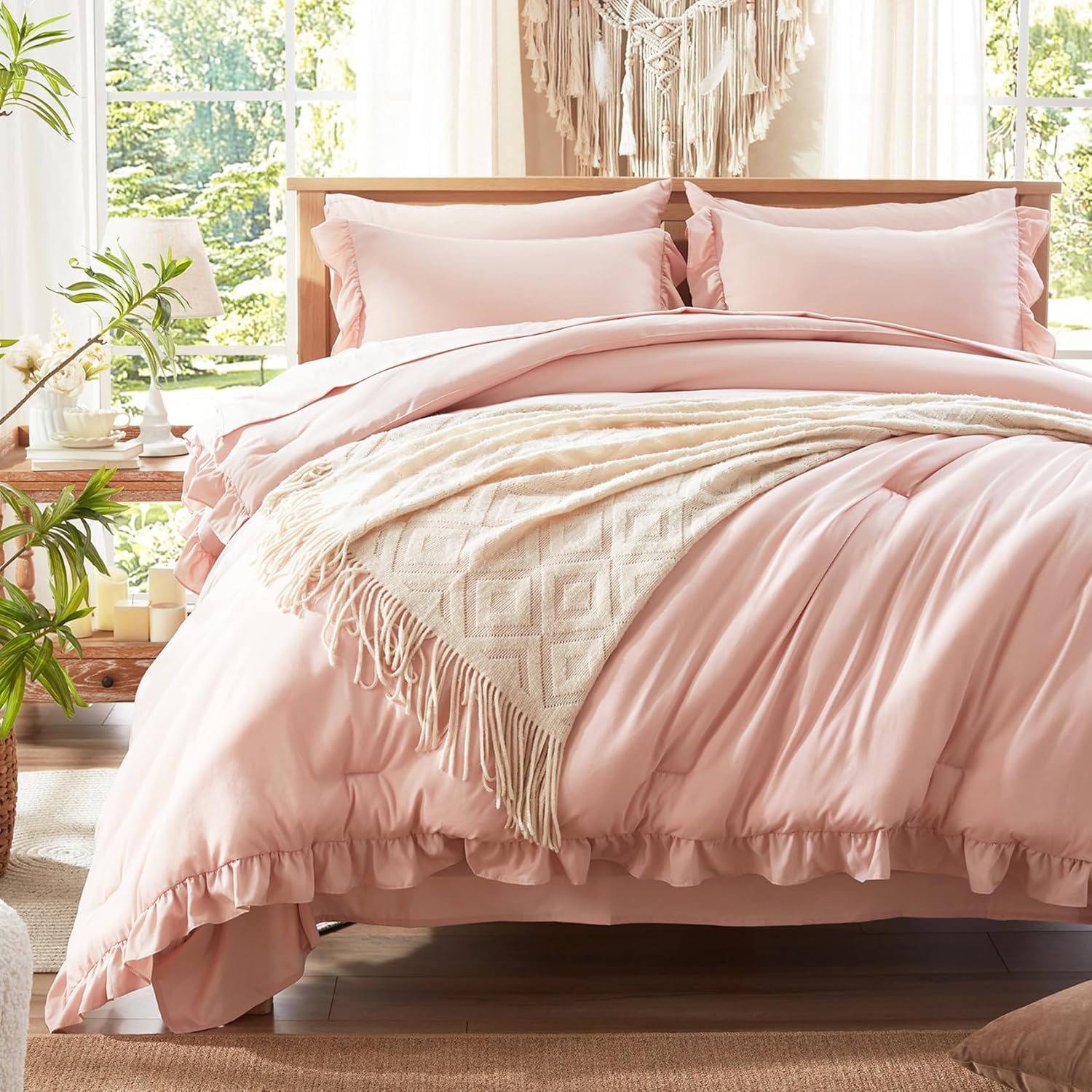 Full Comforter Set 7 Piece, Pink Bed in a Bag with Sheets, All Season ...