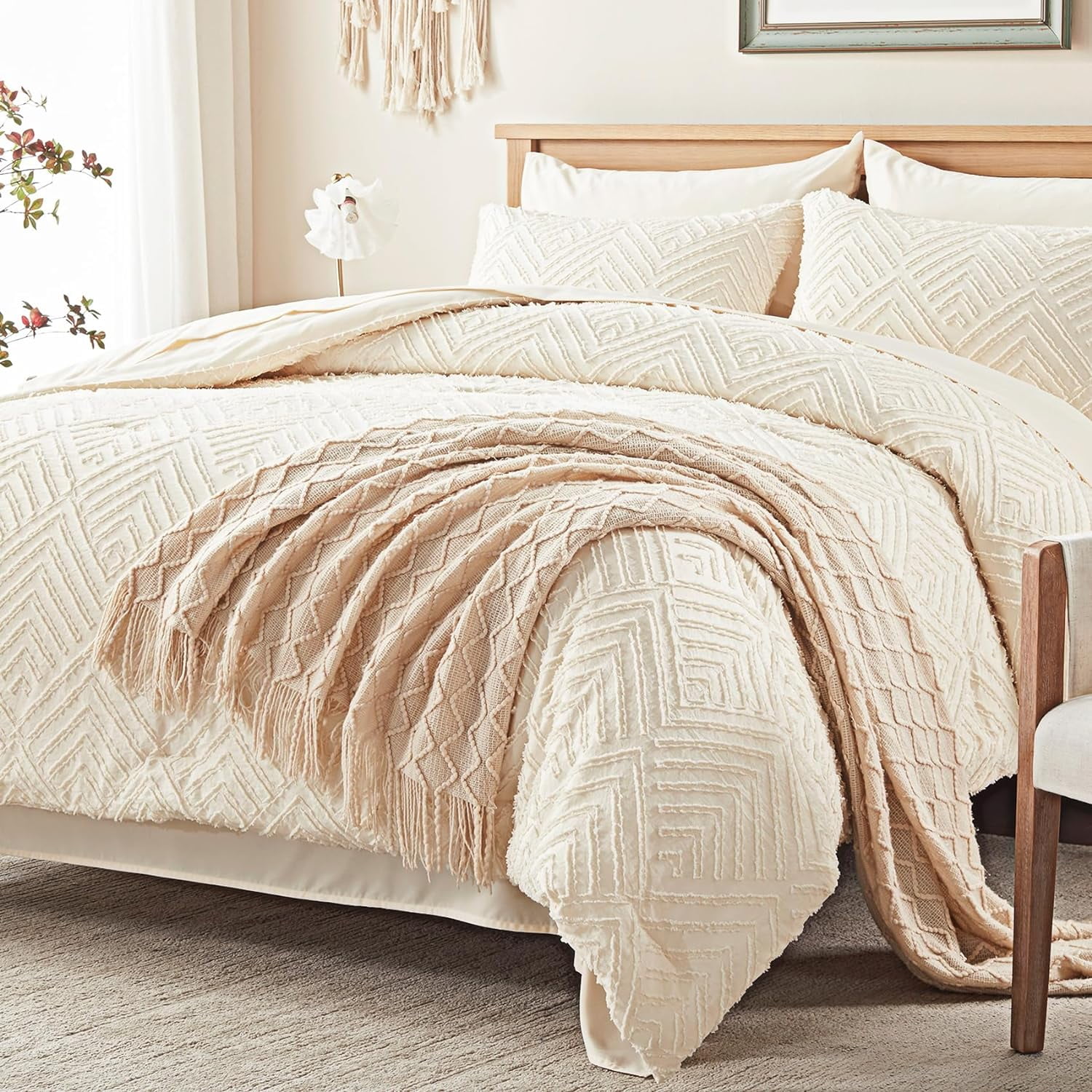 Full Comforter Set 7 Pieces, Cream Tufted Bed in a Bag with Comforter ...