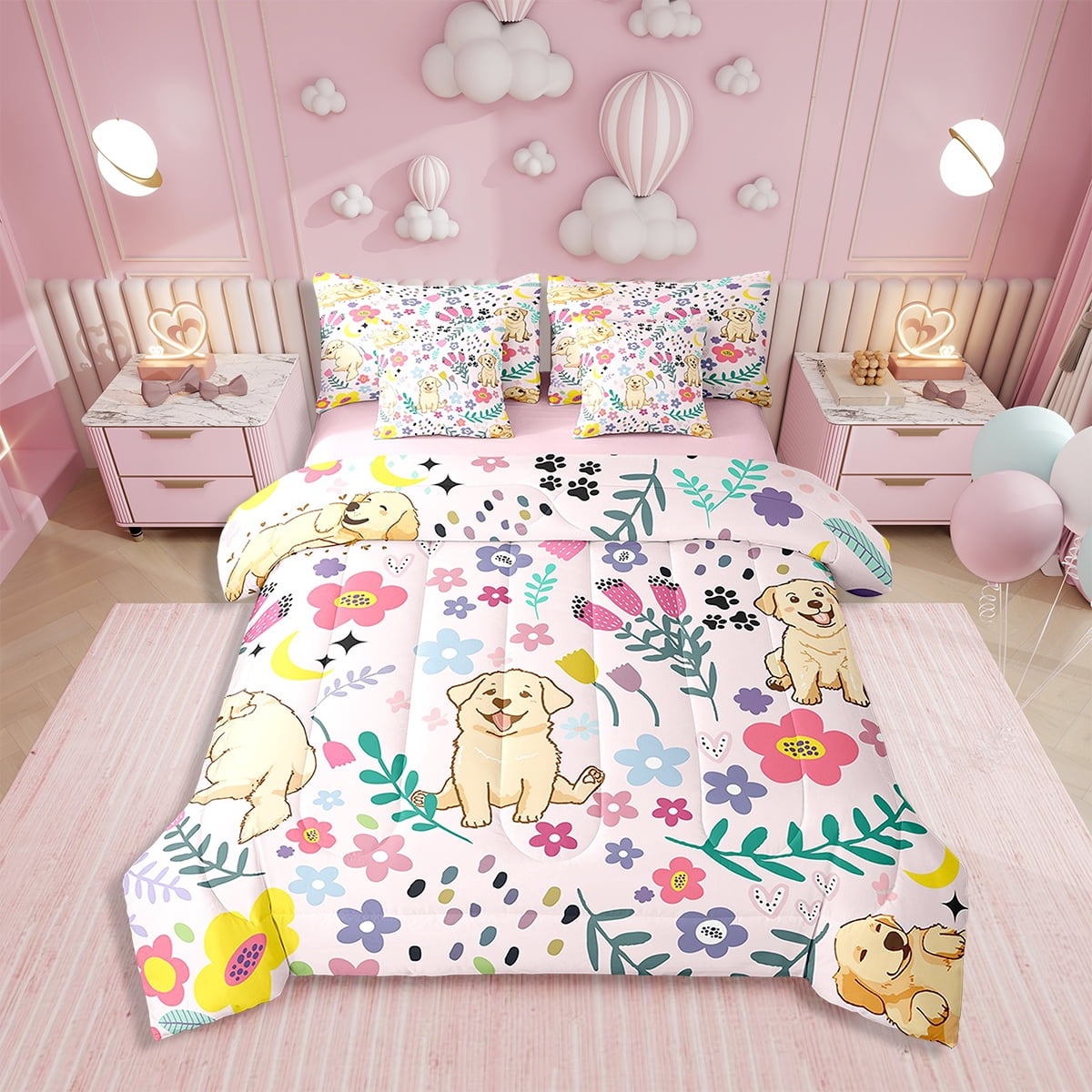 Full Comforter Set - 7 Pieces Floral Dog Bedding Sets Full Bed in a Bag ...